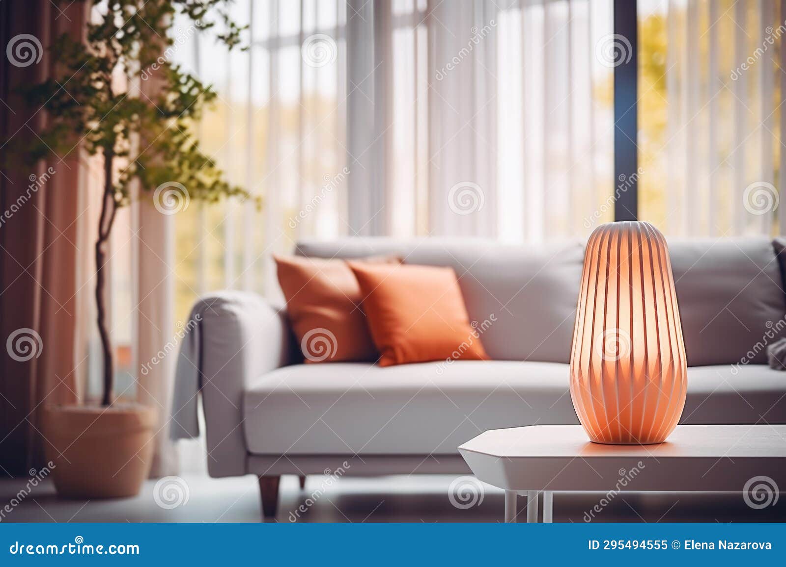 Cozy Table Lamp on Table Against Background of Modern Blurred Room with ...