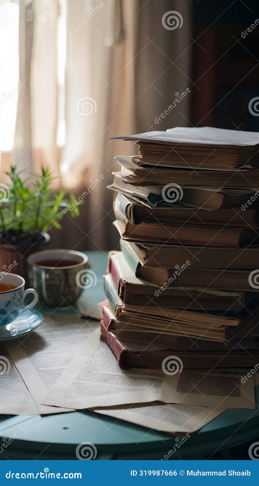 Cozy Table with Stack of Old Books and Papers, Plant, Tea Tranquil ...