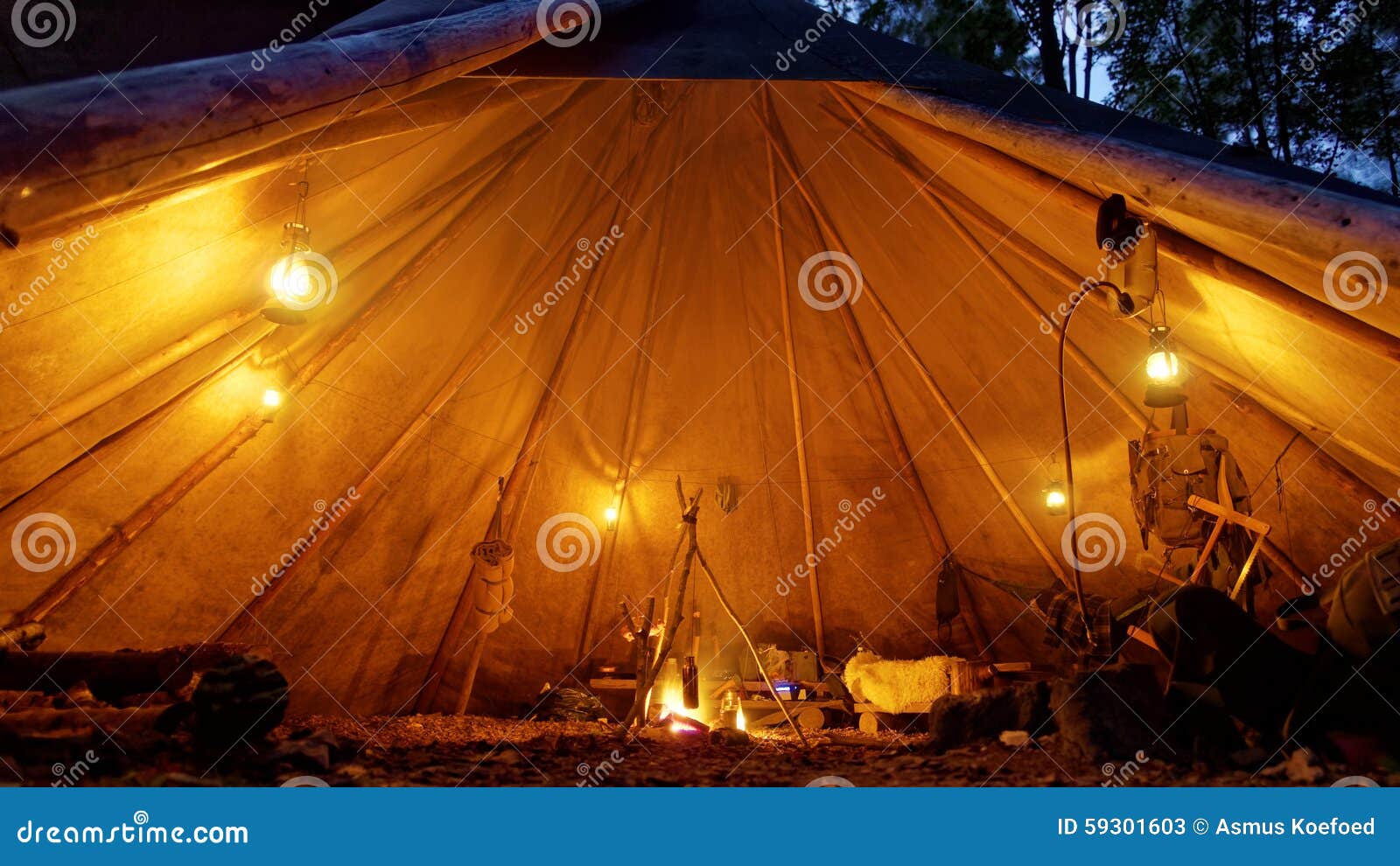 Cozy Tipi with Oil Lamps and Camp Fire Stock Image - Image of survival ...