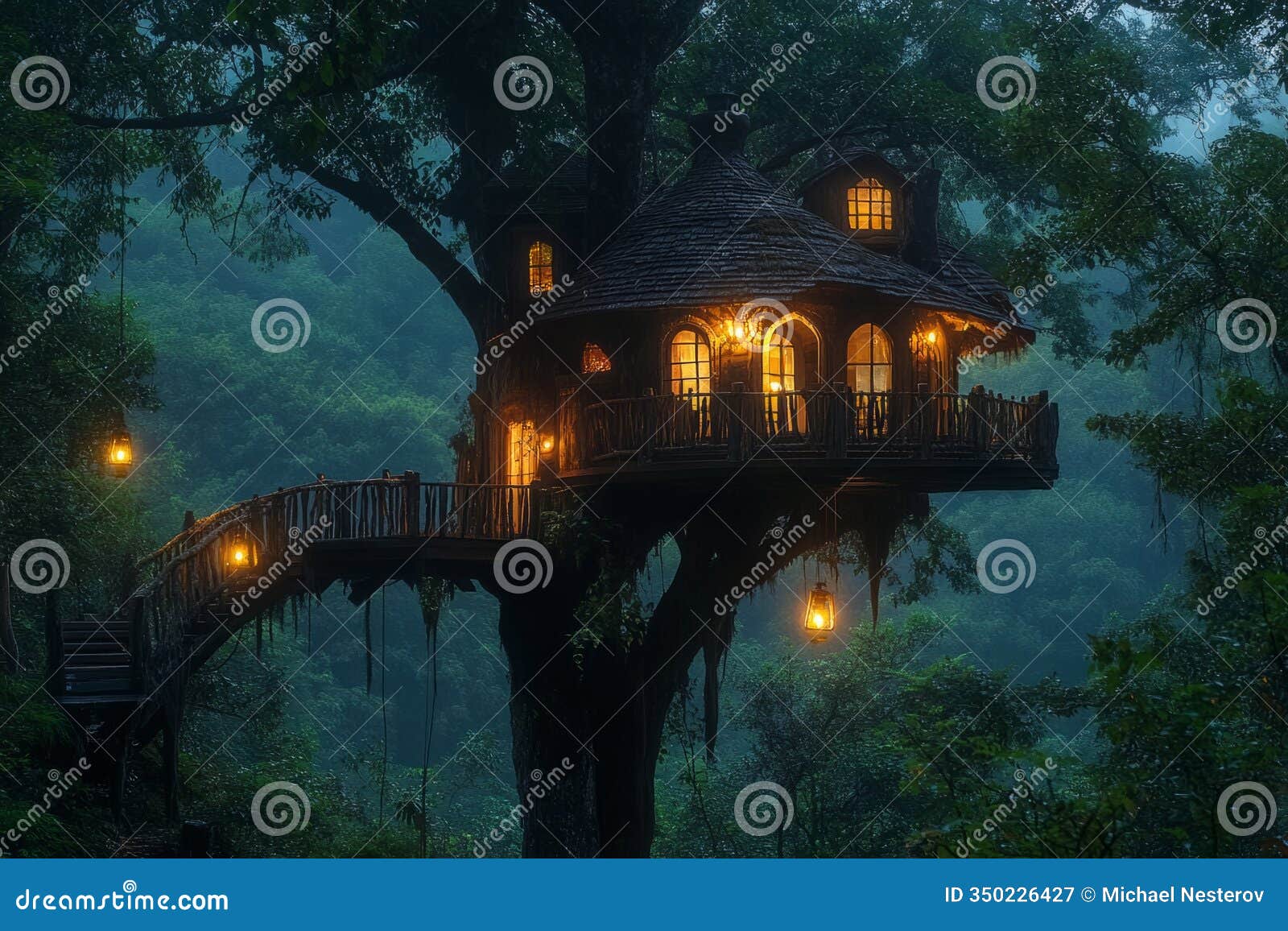Cozy Tree House Glowing in Misty Forest at Night Stock Image - Image of ...