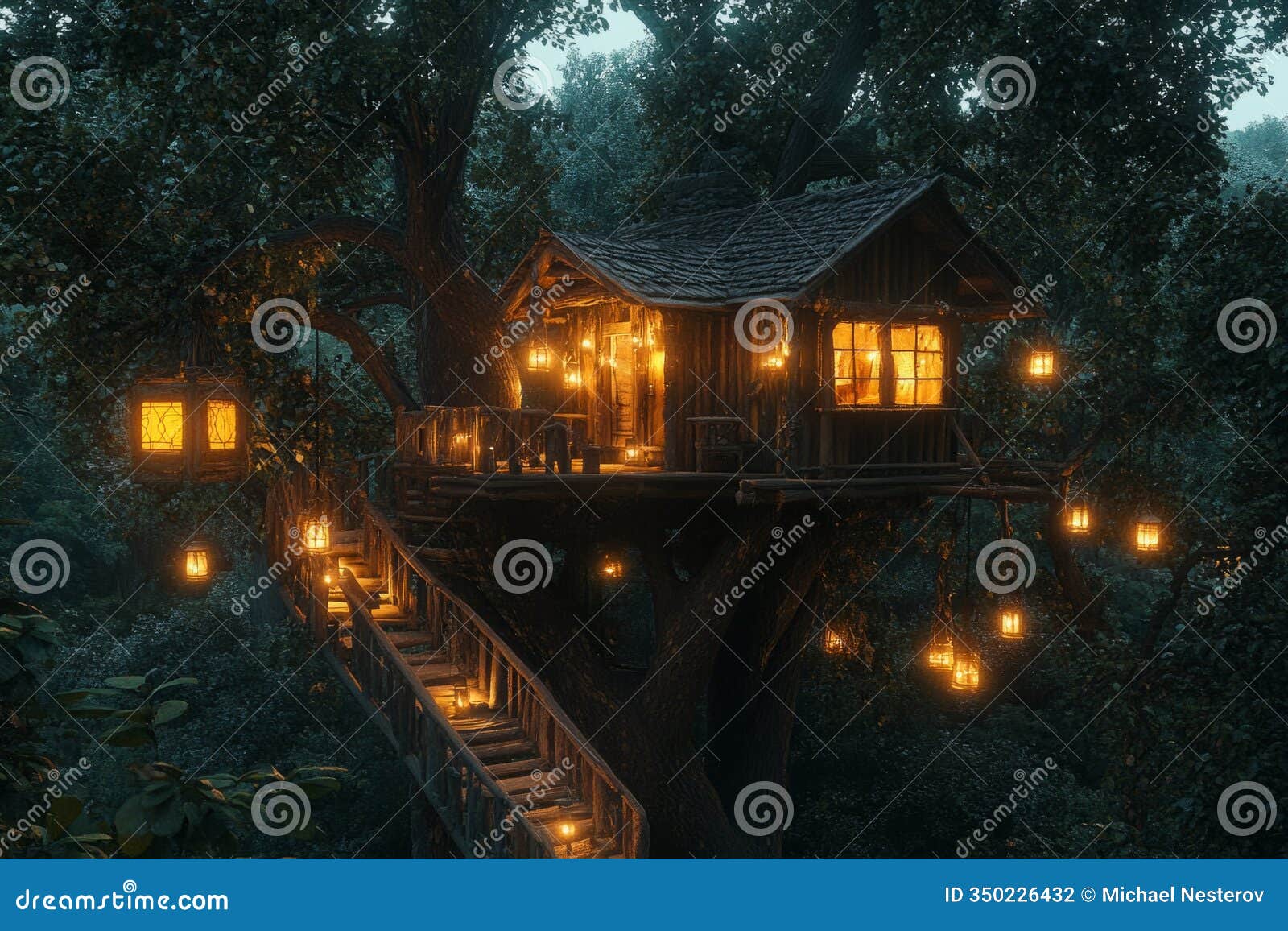Cozy Tree House Illuminated by Lanterns in a Magical Forest at Night ...