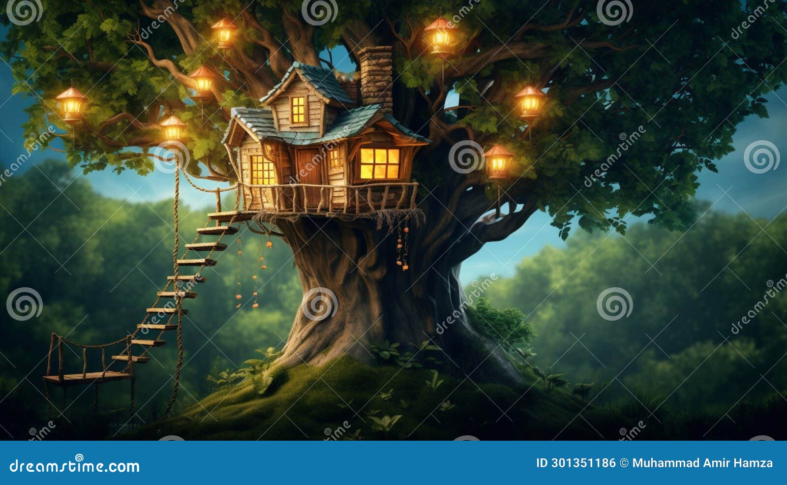 A Cozy Treehouse with Elevated Birthday Wishes Stock Illustration ...