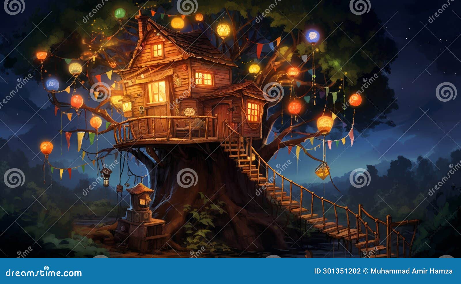 A Cozy Treehouse with Elevated Birthday Wishes Stock Illustration ...