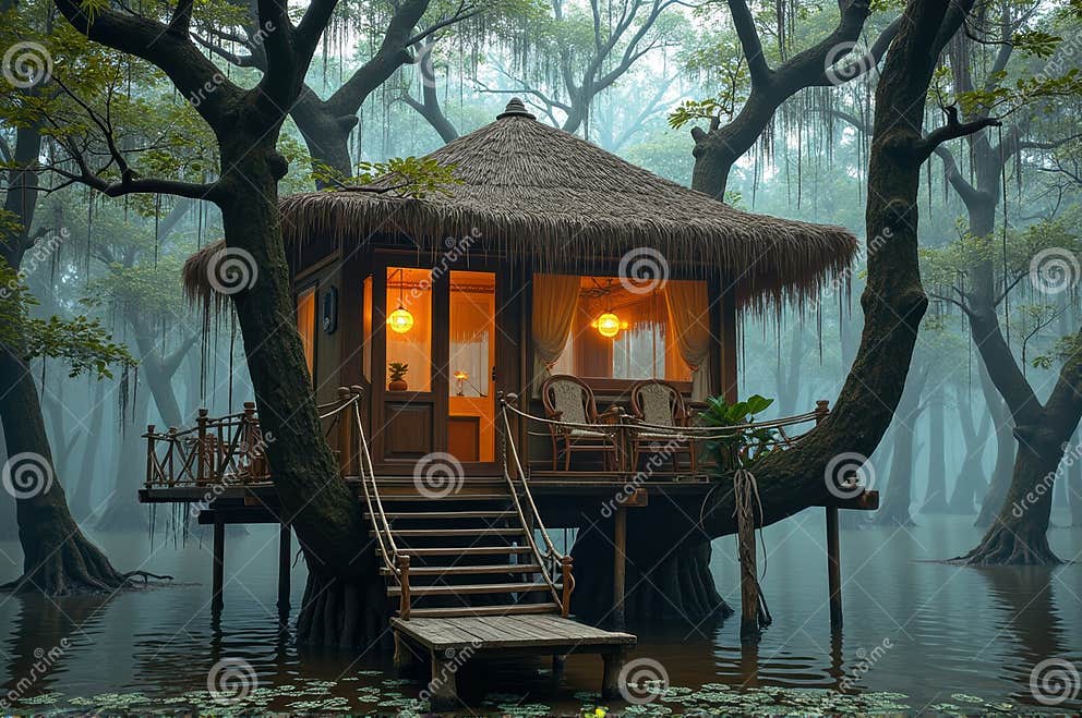 Cozy Treehouse in Mystical Swamp with Warm Lighting Stock Image - Image ...