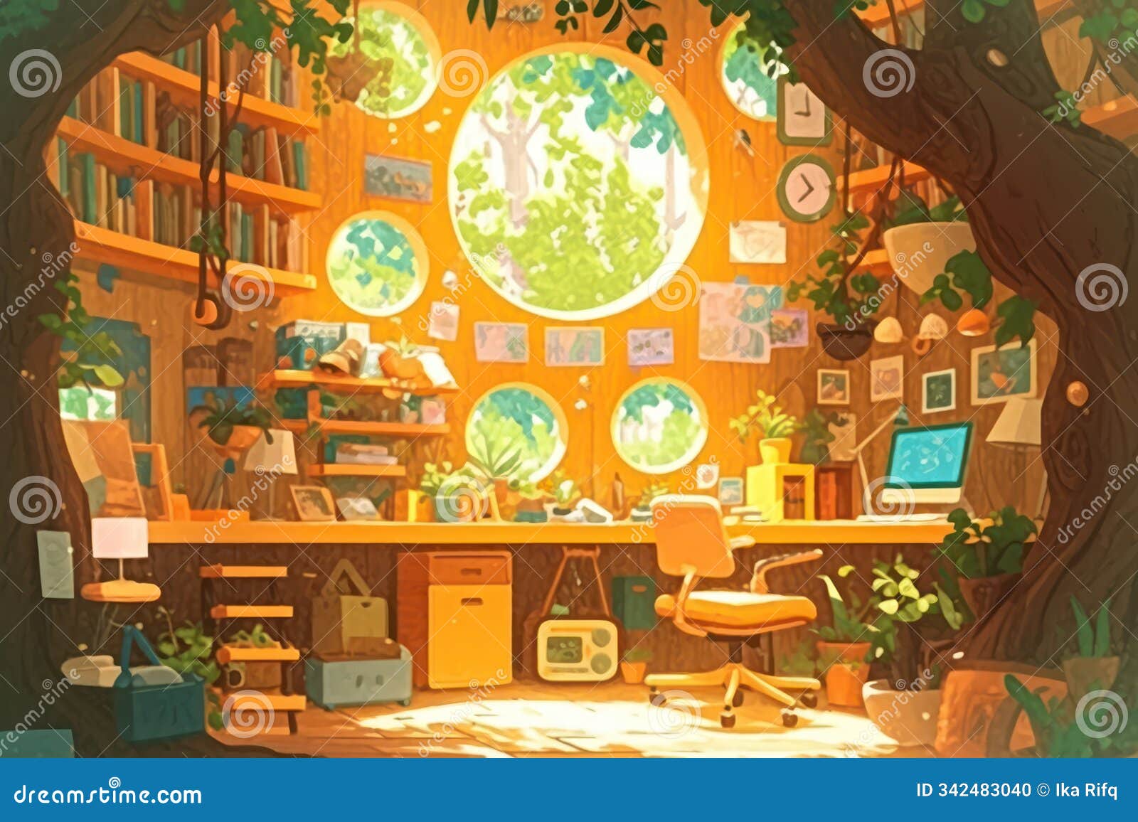 Cozy Treehouse Illustration For Coloring | CartoonDealer.com #346677345