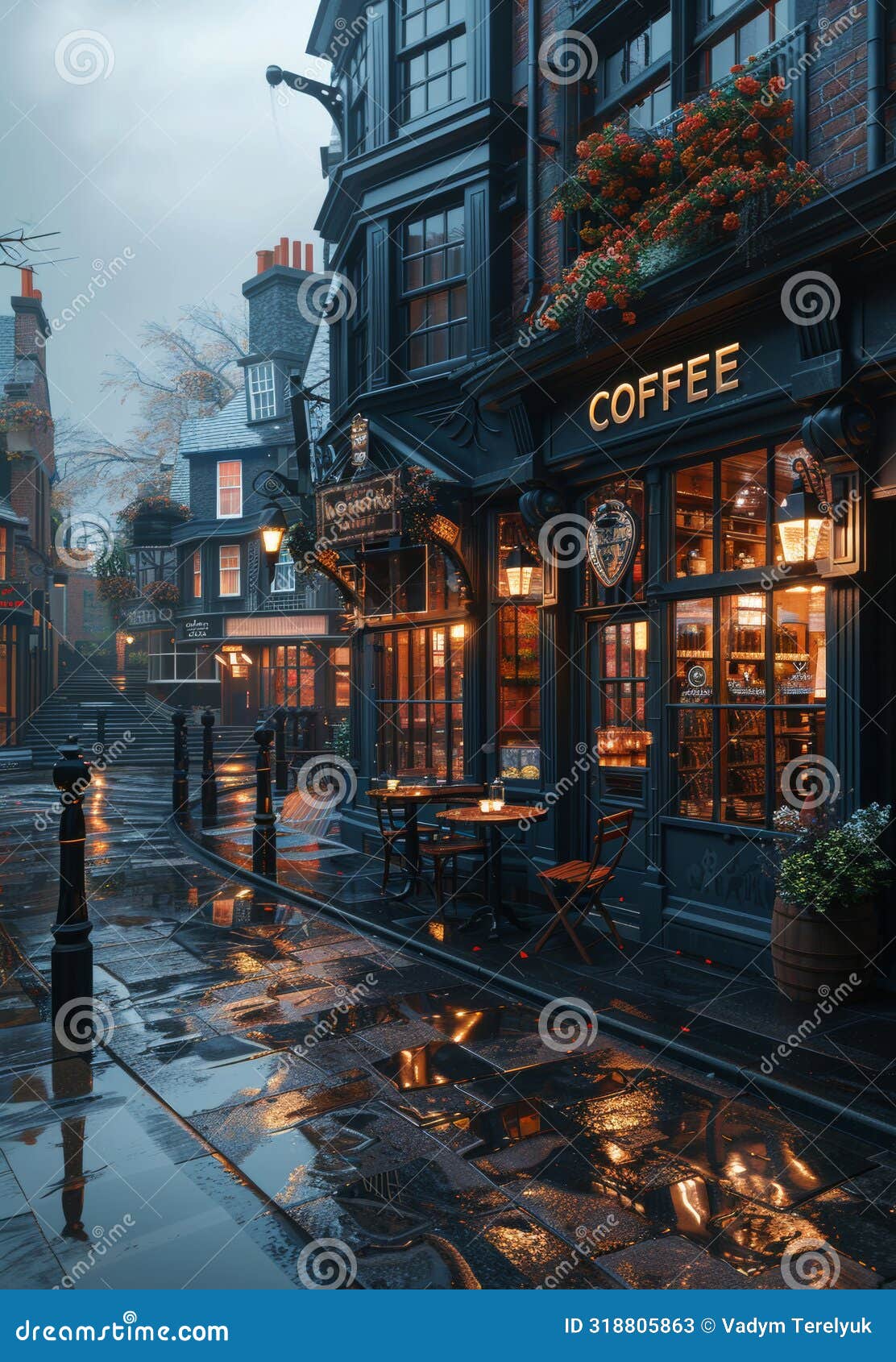 Cozy Urban Cafe in the Old Town in the Rain. Stock Image - Image of ...