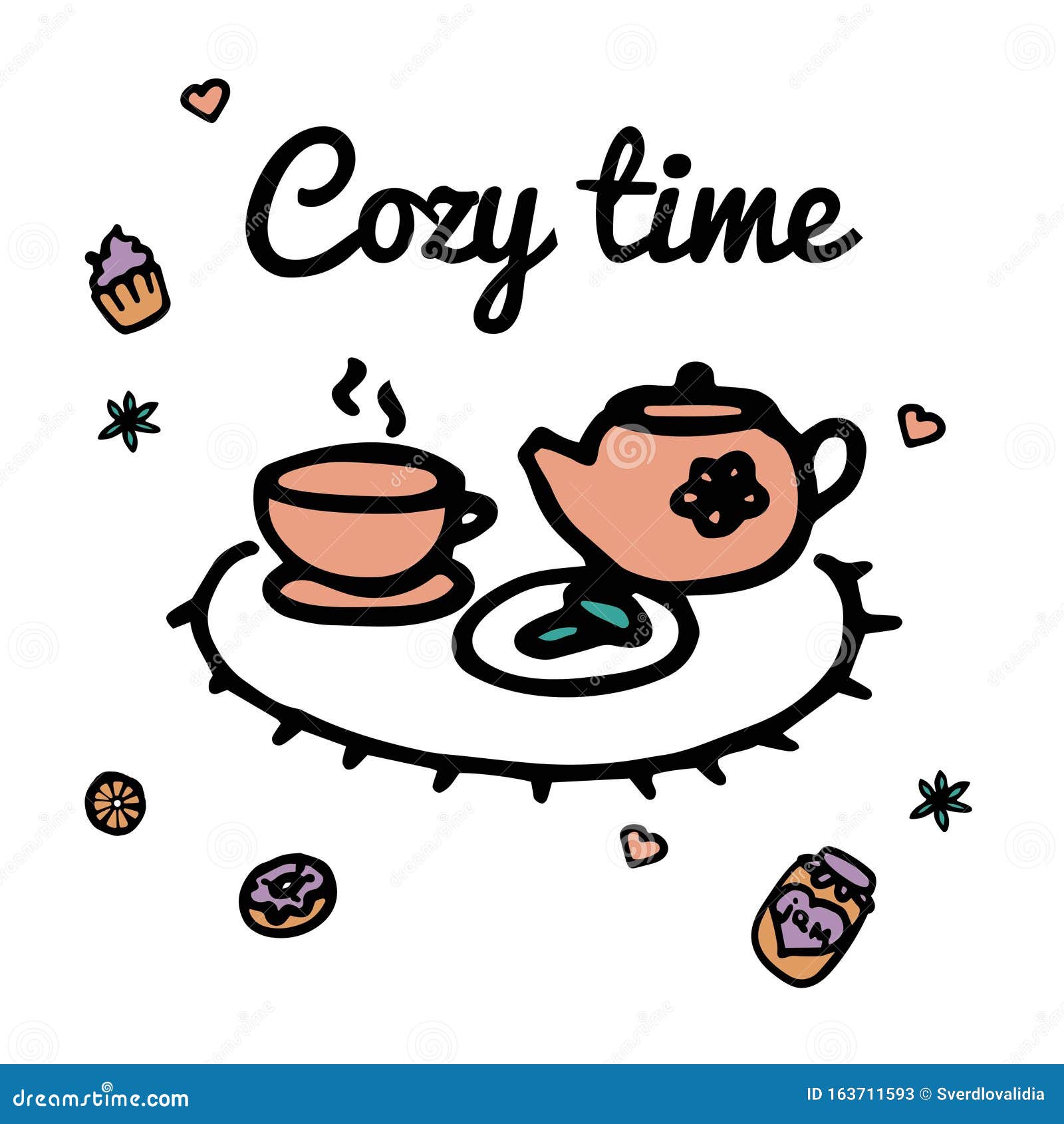 Doodle Hand Drawn Symbols. Cozy Vibes. Cozy Time Phrase Stock Vector ...