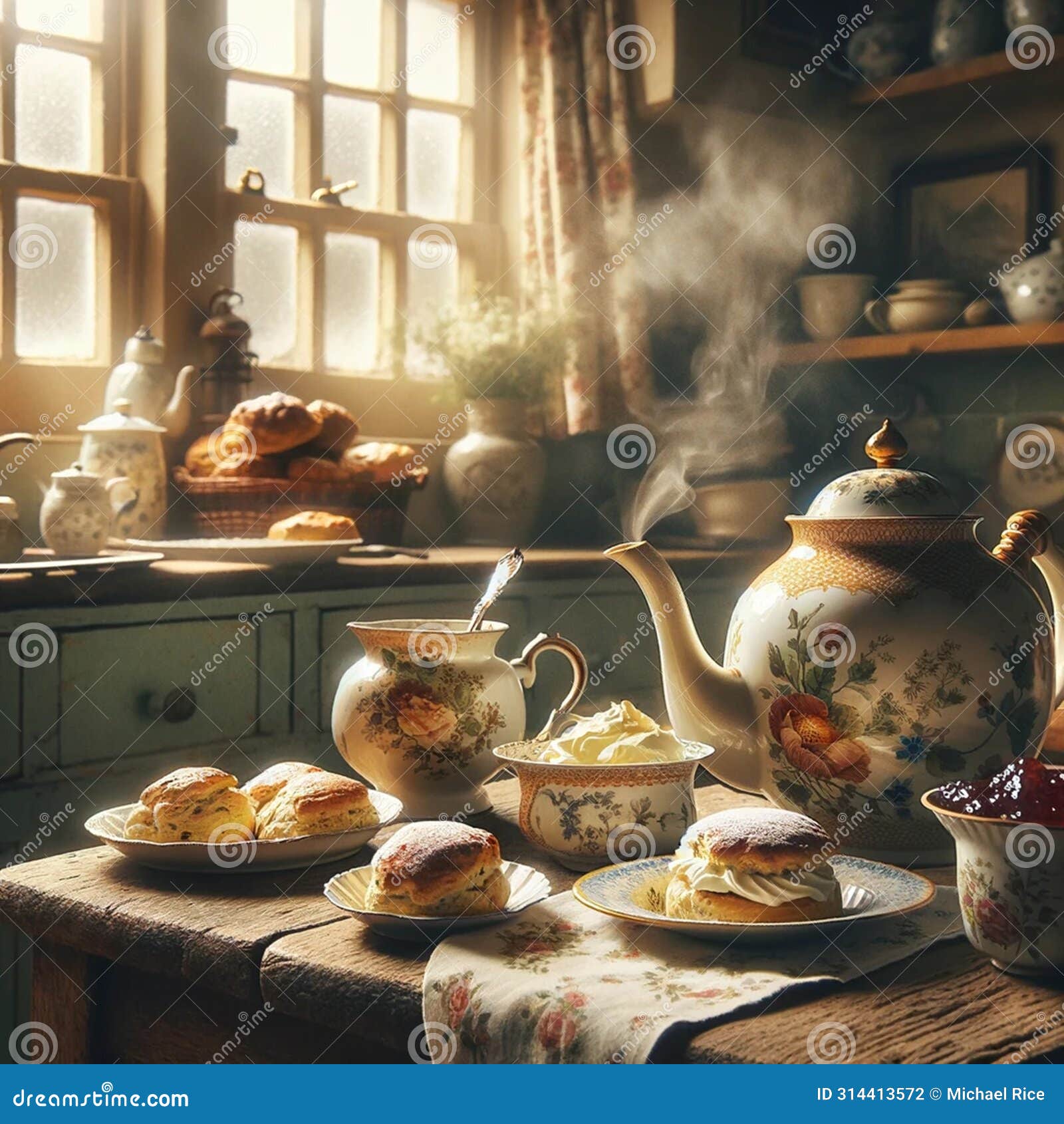 Cozy Vintage Kitchen: Rustic Tea Set Bathed in Sunlight Stock ...