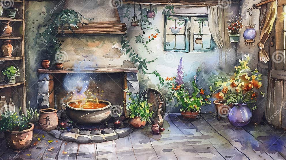 A Cozy Watercolor Illustration of a Rustic Kitchen, Featuring a ...