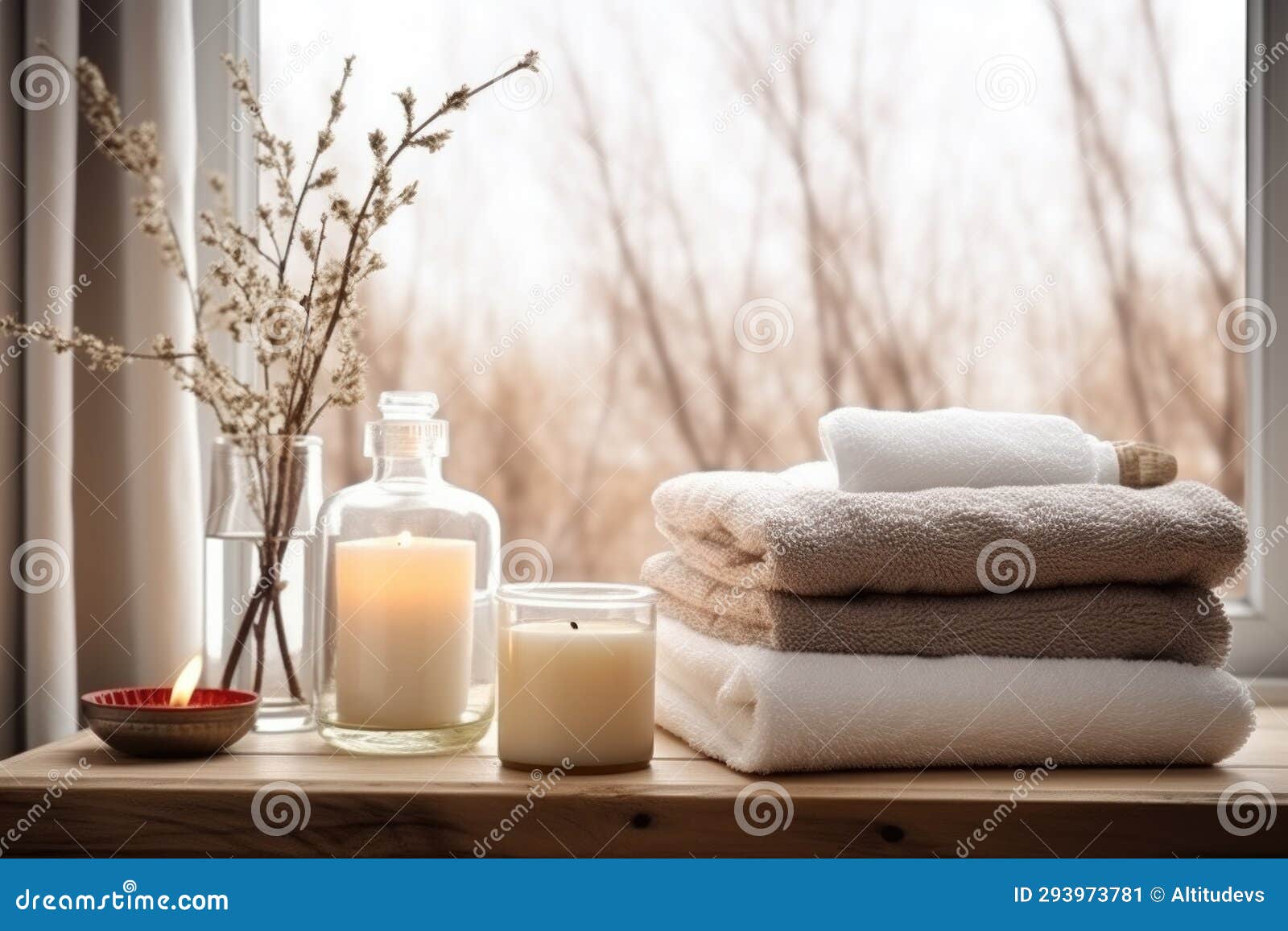 Cozy Wellness Corner with Plush Towels and Winter Theme Stock Image ...