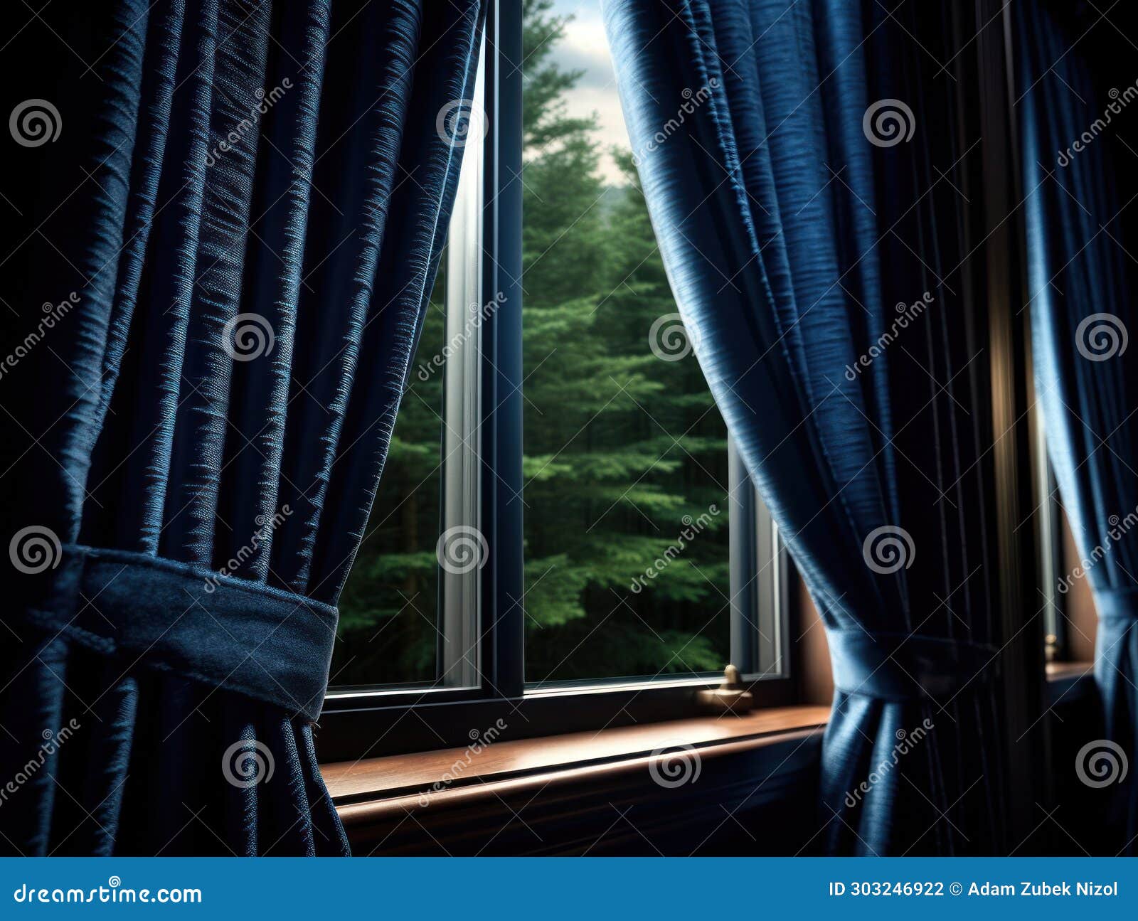 Cozy Window View with Elegant Blue Curtains Overlooking a Forest Stock ...