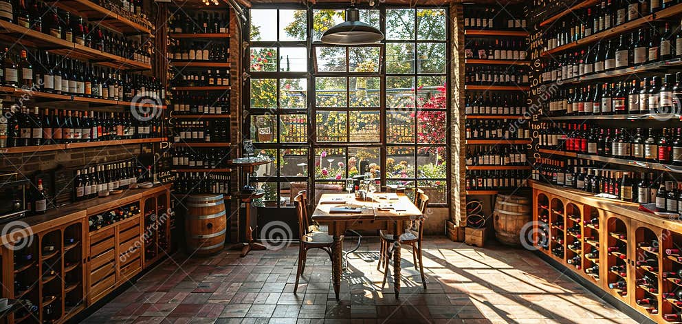 Cozy Wine Cellar with a Rustic Table and Sunlight Filtering through ...