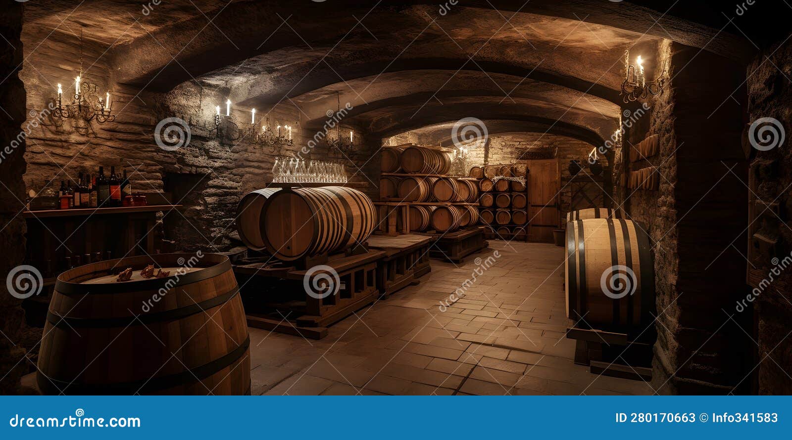 Cozy Wine Cellar with Wooden Barrels and Bottles of Wine Three ...