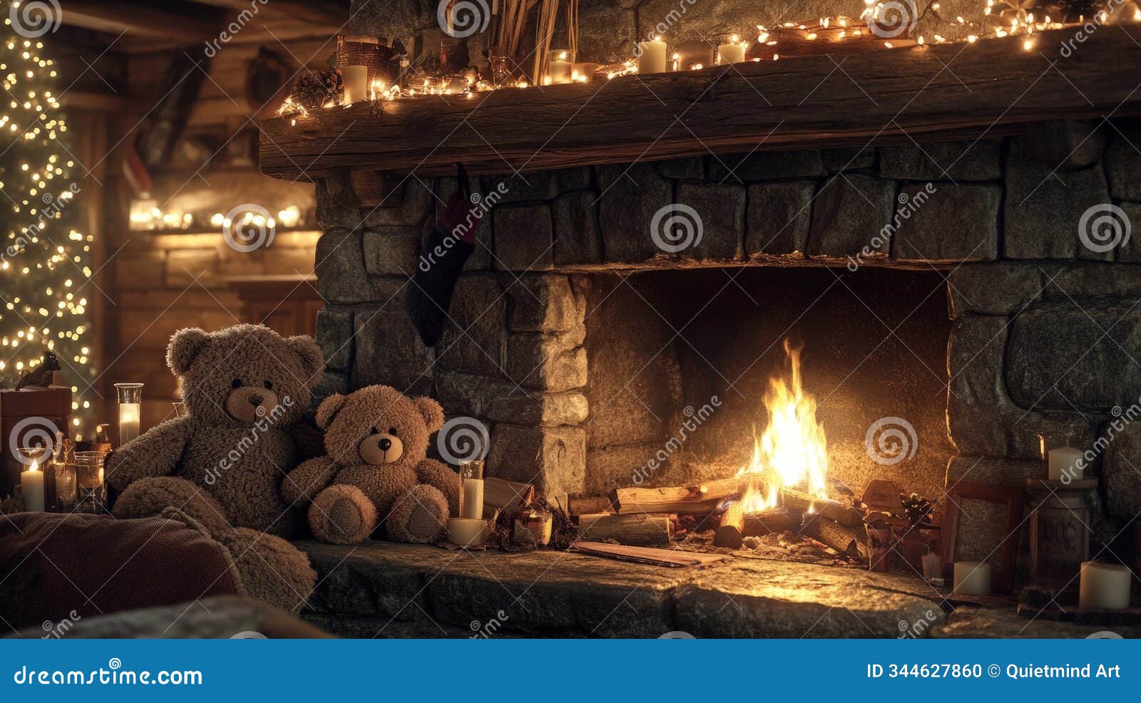Cozy Winter Cabin Scene with Teddy Bears by the Fireplace Stock Photo ...