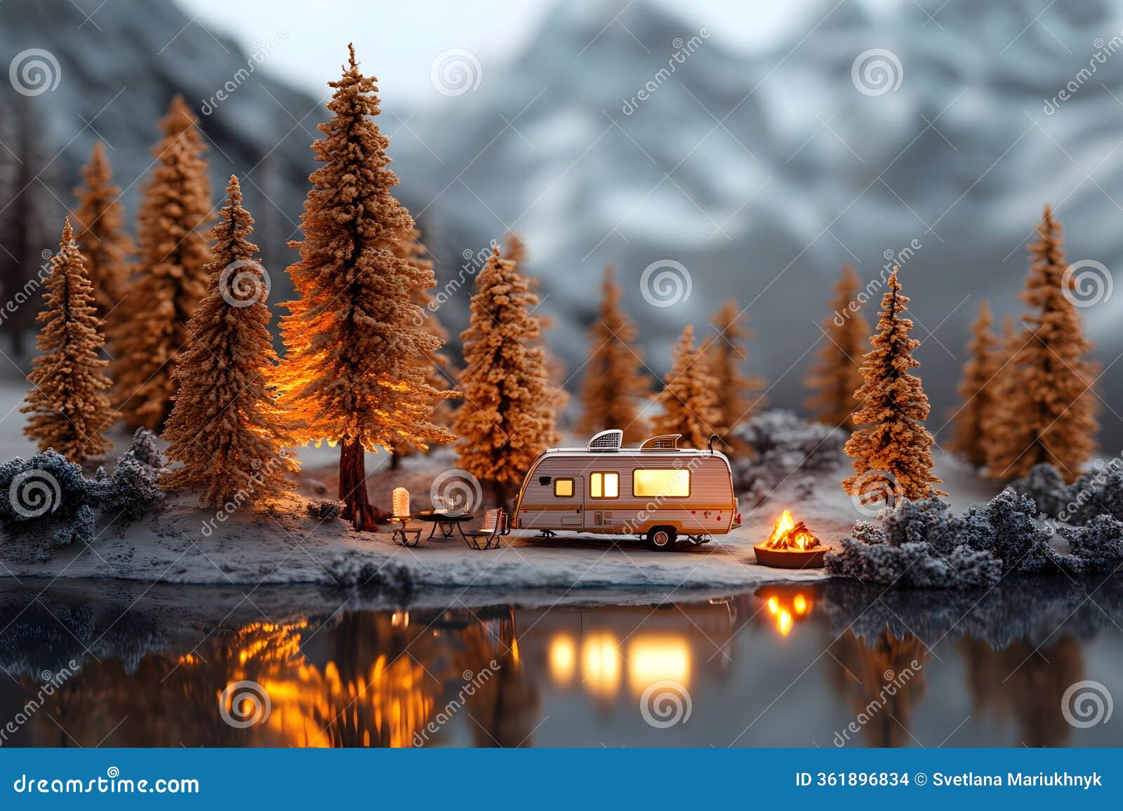 Cozy Winter Camping Scene with Caravan by a Lake Stock Photo - Image of ...