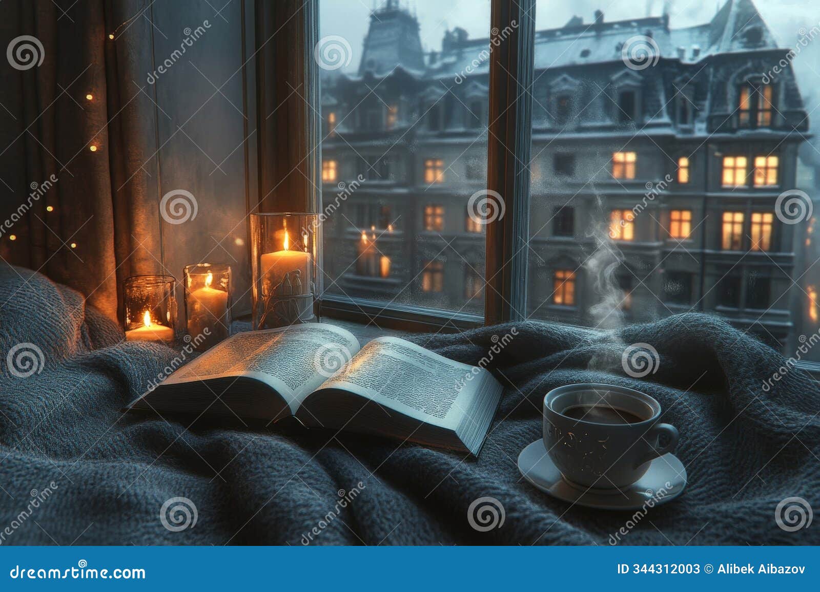 Cozy Winter Evening with Open Book, Candlelight, and Steaming Coffee by ...