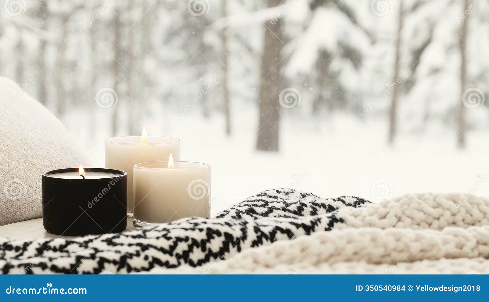 Cozy Winter Scene with Candles and Blankets in a Snowy Forest Stock ...