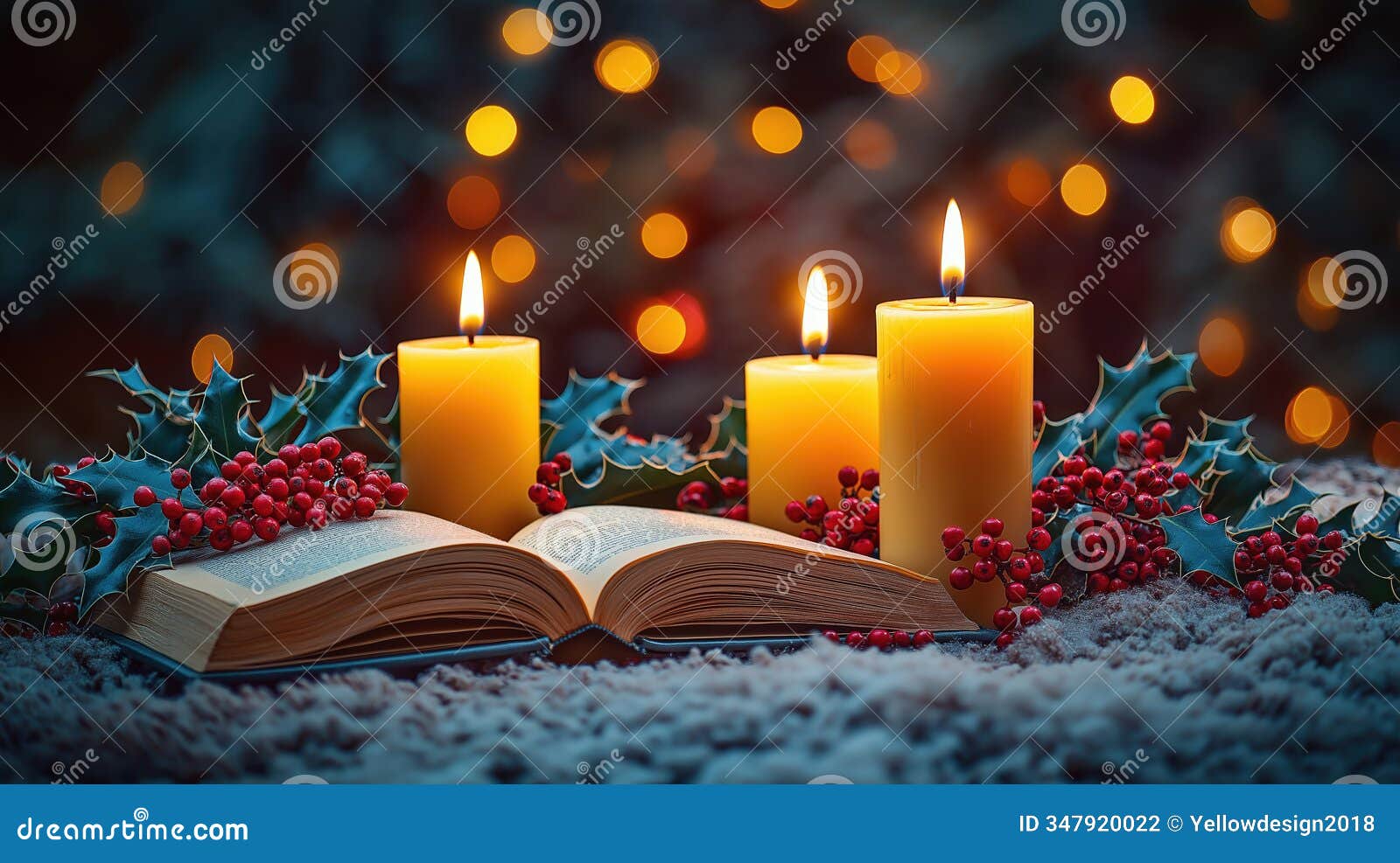 Cozy Winter Scene with Candles, Open Book, and Holly in a Snowy Setting ...