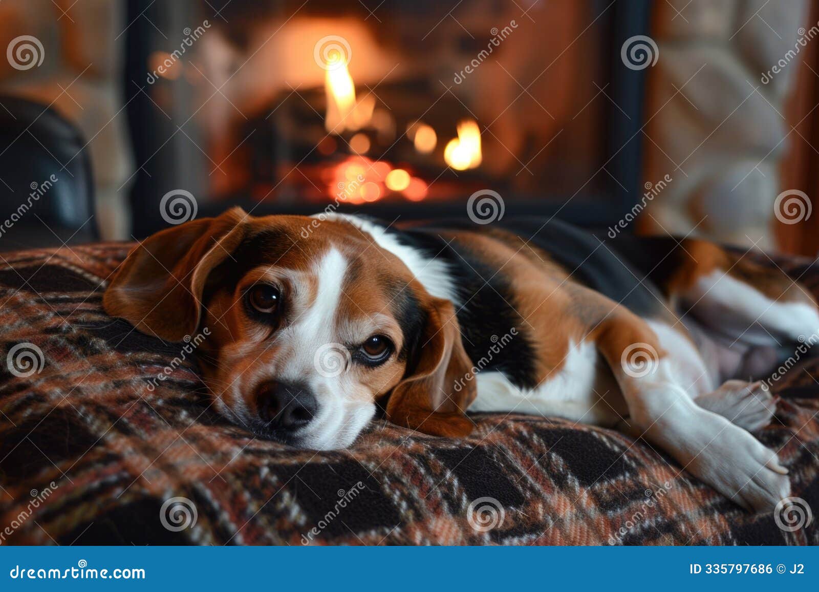 Cozy Winter Scene with Relaxed Beagle by Warm Fireplace AI Stock Photo ...