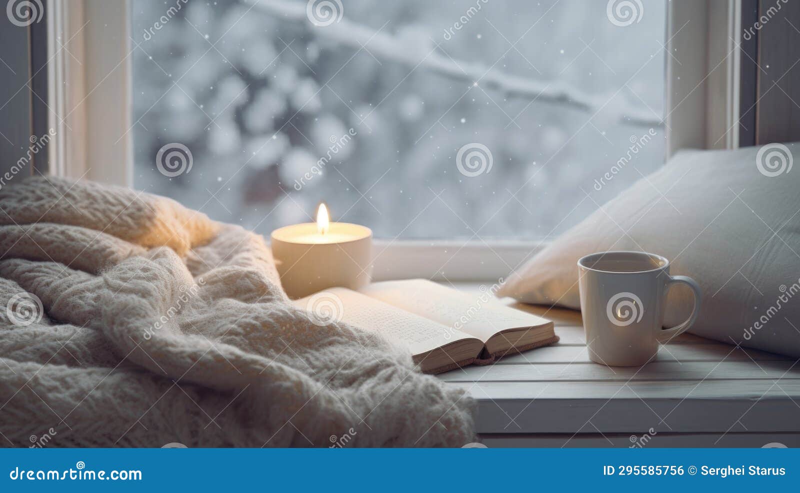 A Cozy Winter Window with a Book, Candle and Mug, AI Stock Photo ...