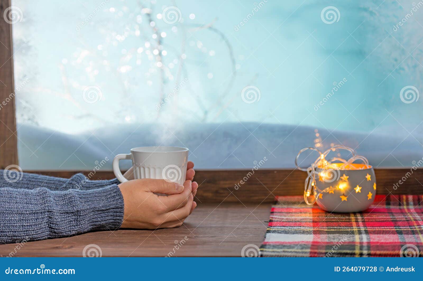 Cozy Winter Window Sill with Cup of Tea and Warm Blanket Stock Photo ...
