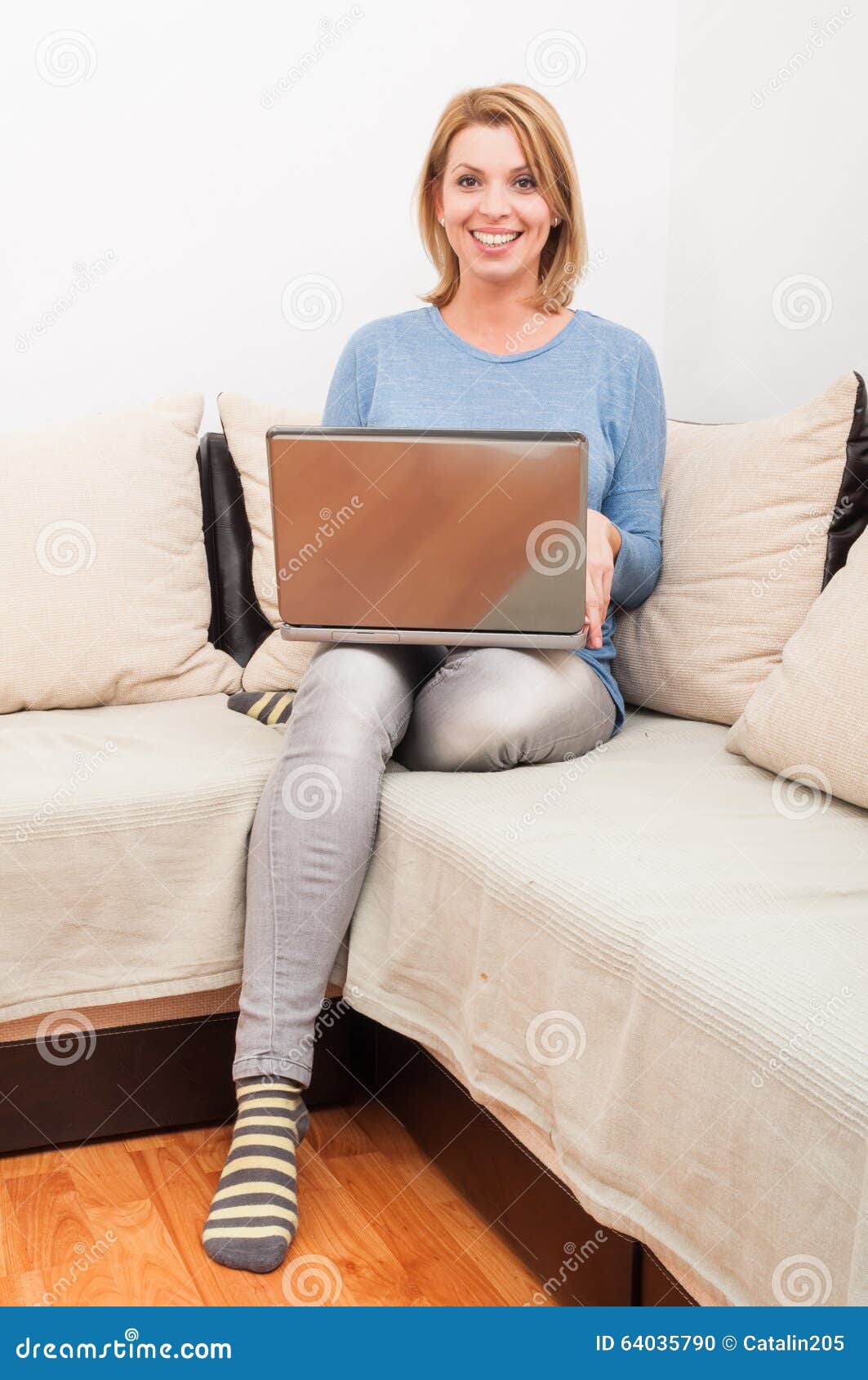Cozy Woman at Home Using Laptop on the Couch Stock Photo - Image of ...
