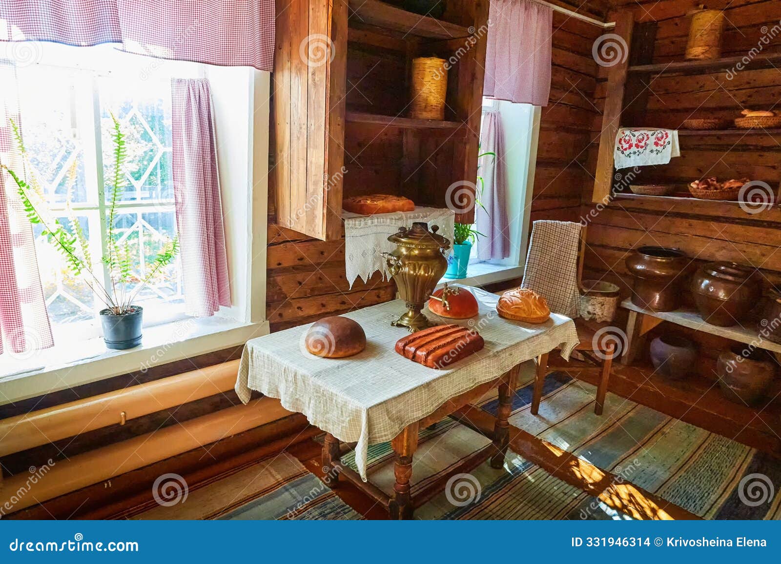Traditional Rustic Interior with Bread and Samovar in a Cozy Wooden ...
