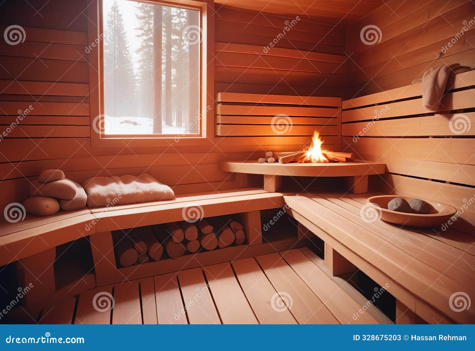 Wooden Sauna Room With Benches, Large Window, And View Trees, Featuring ...