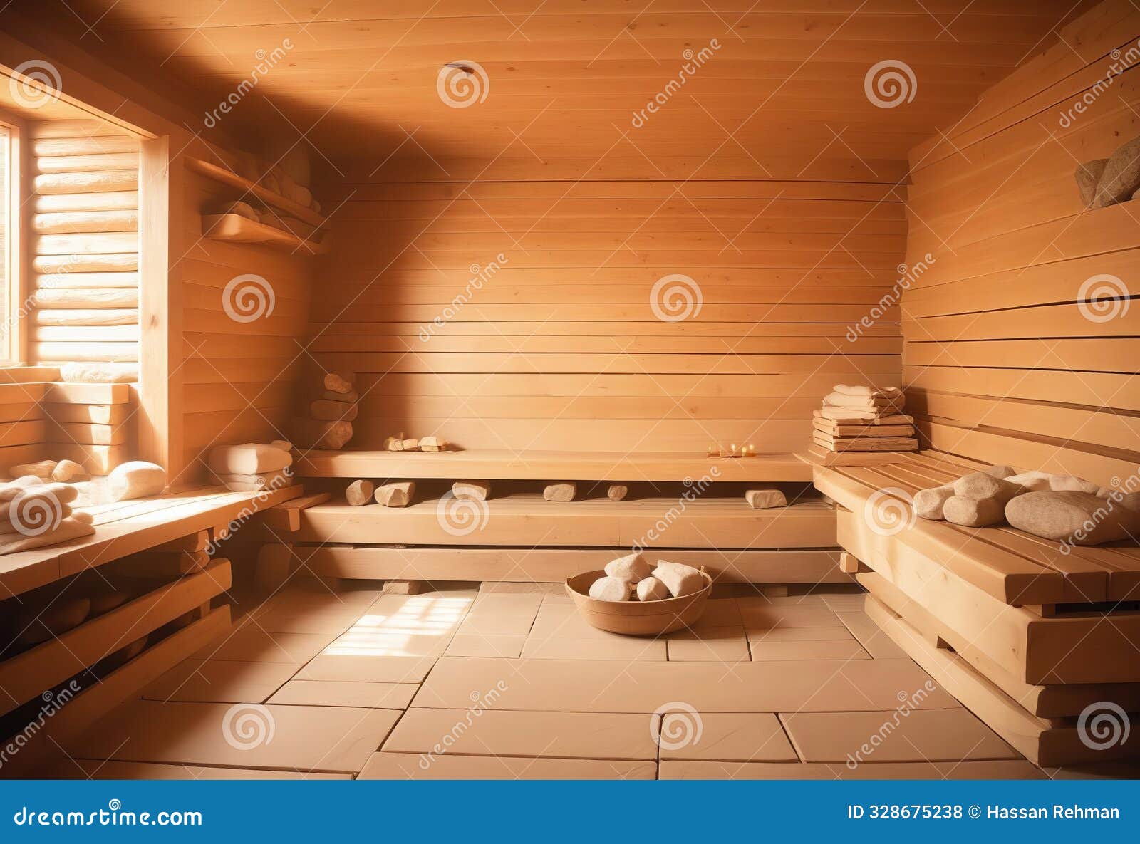 Wooden Sauna Room With Benches, Large Window, And View Trees, Featuring ...