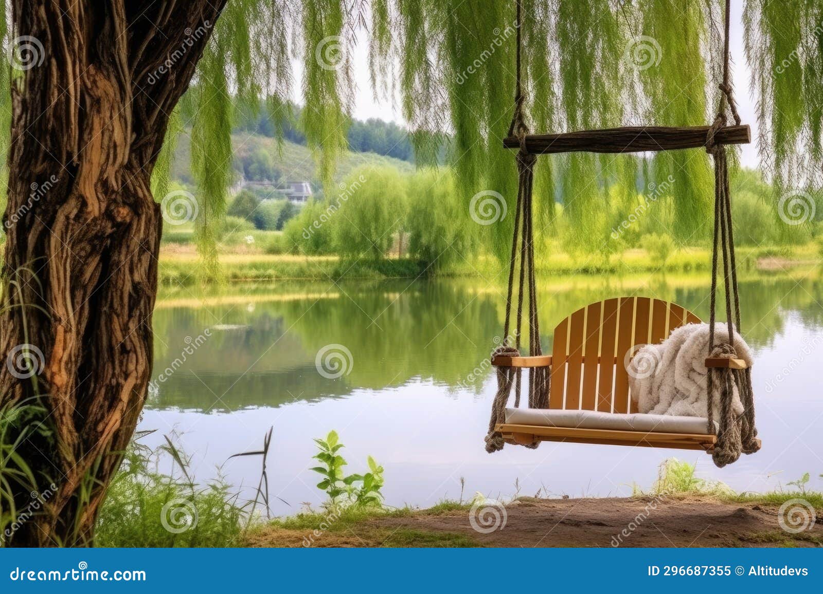 A Cozy Wooden Swing by the Lakeside Under a Weeping Willow Stock Image - Image of weeping ...