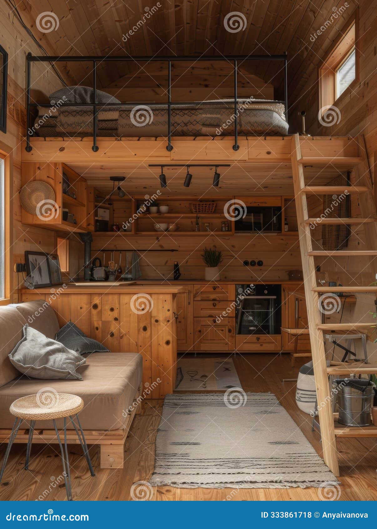 Cozy Wooden Tiny House Interior with Loft Bed and Modern Rustic Decor ...