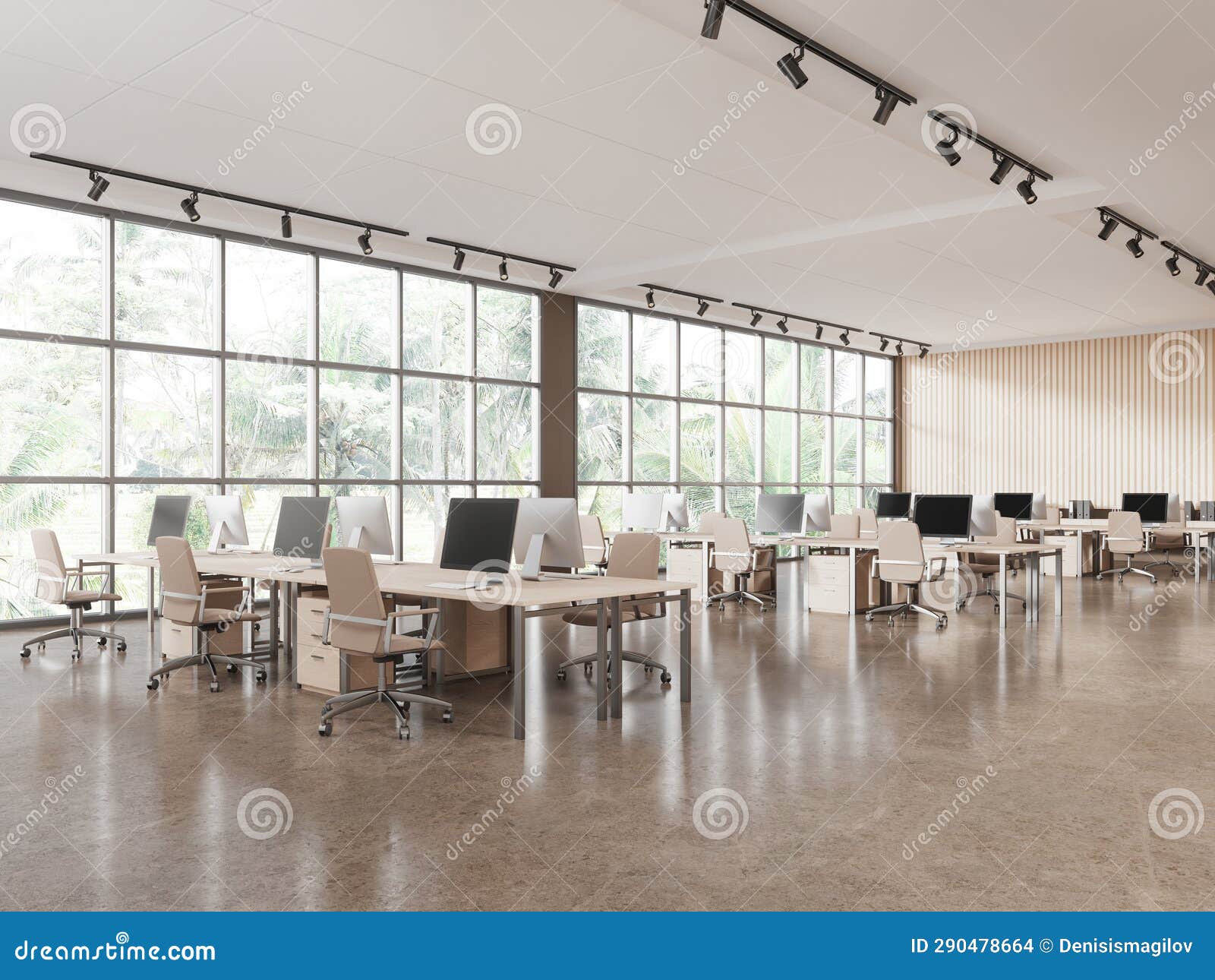 Cozy Work Zone Interior with Desk and Pc Monitors, Panoramic Window ...