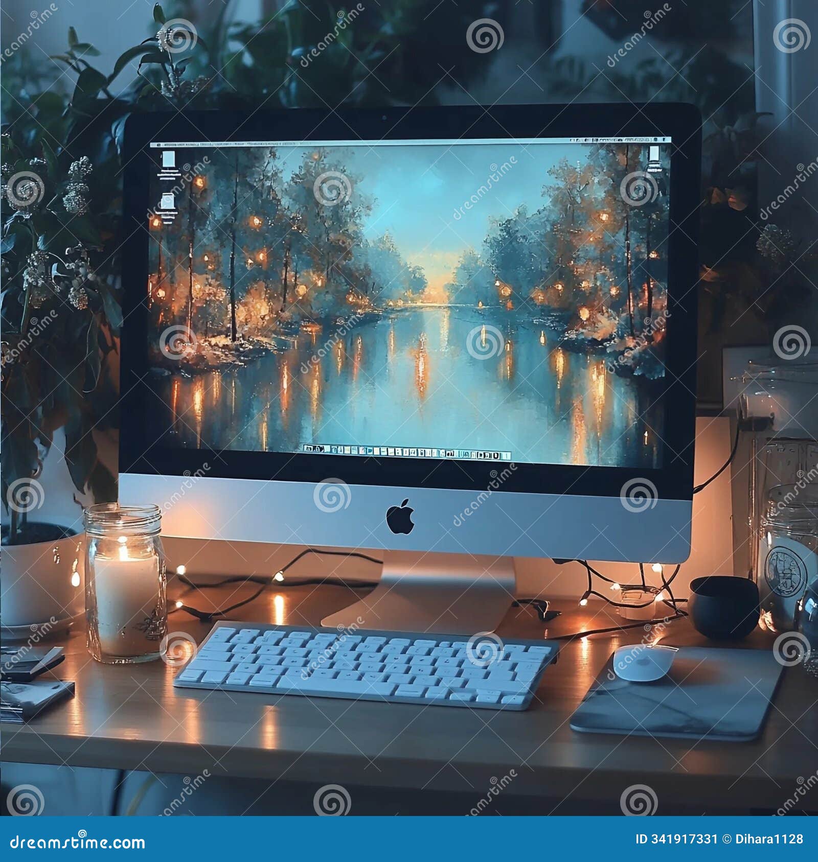 Cozy Workplace with Computer and Wallpaper with River Landscape at Dusk ...
