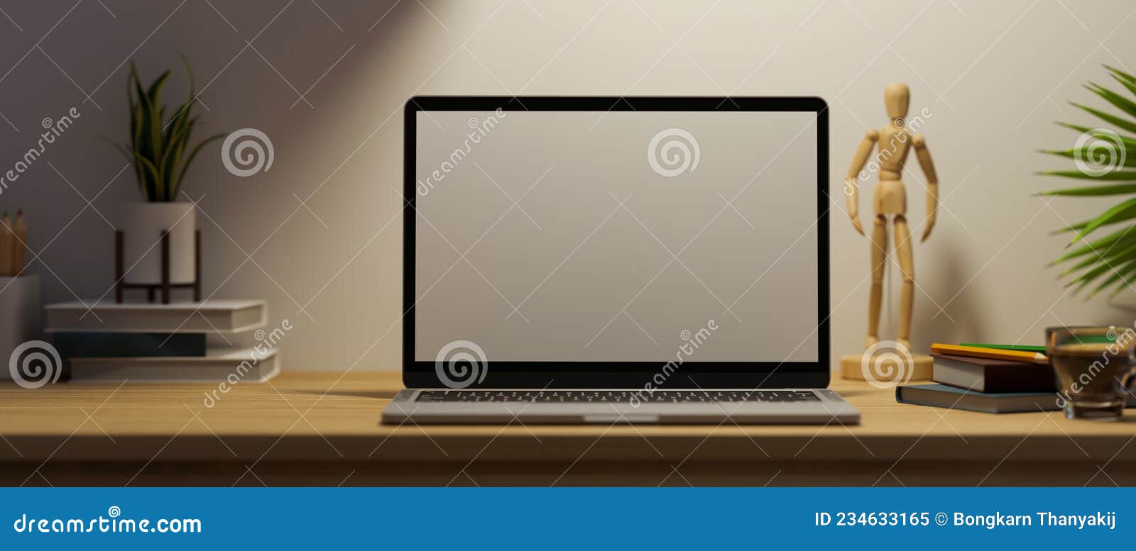 Cozy Workplace with Laptop Computer White Display on Wooden Table Stock ...