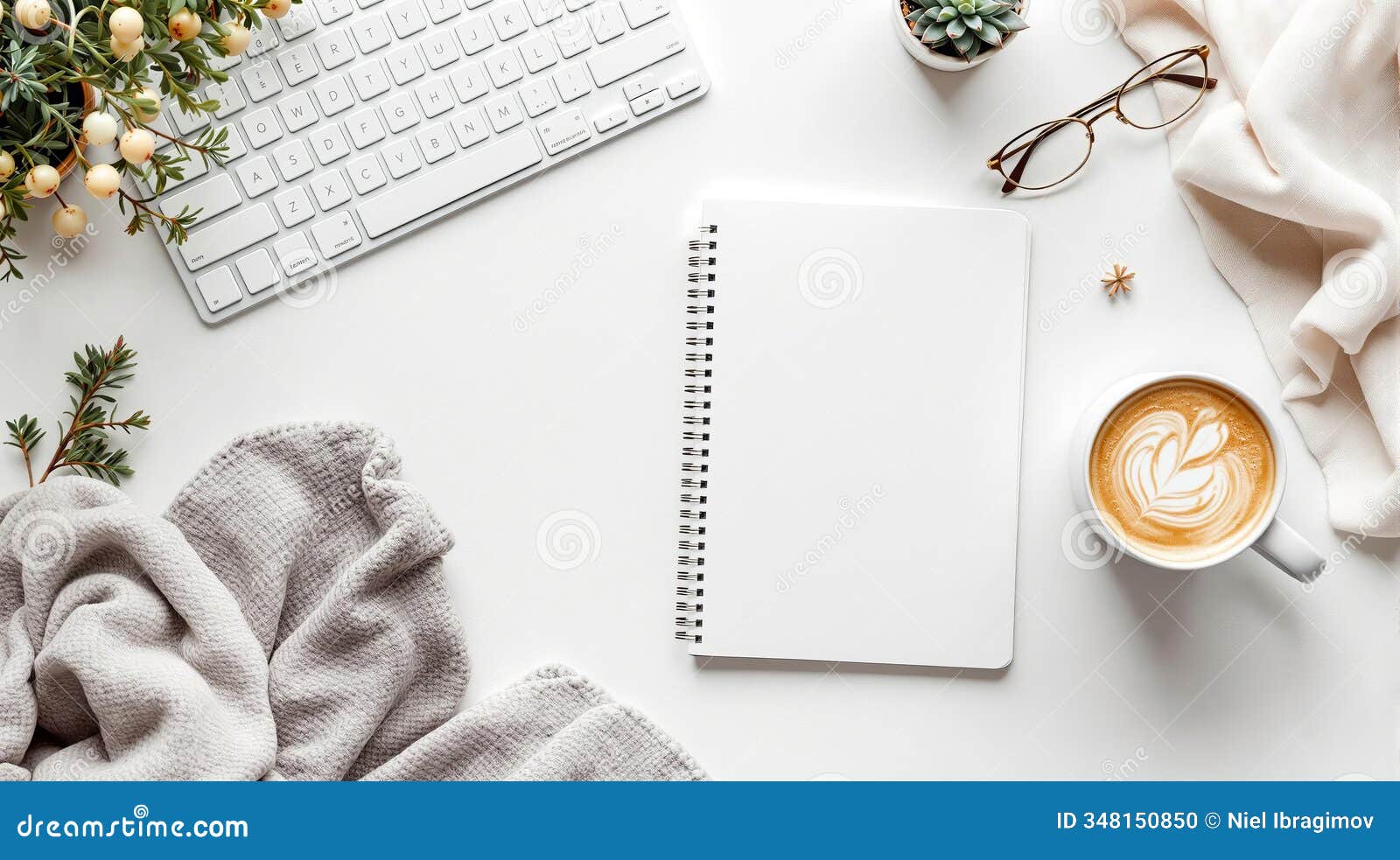 Cozy Workspace with Coffee, Notebook, and Keyboard on a White Desk ...