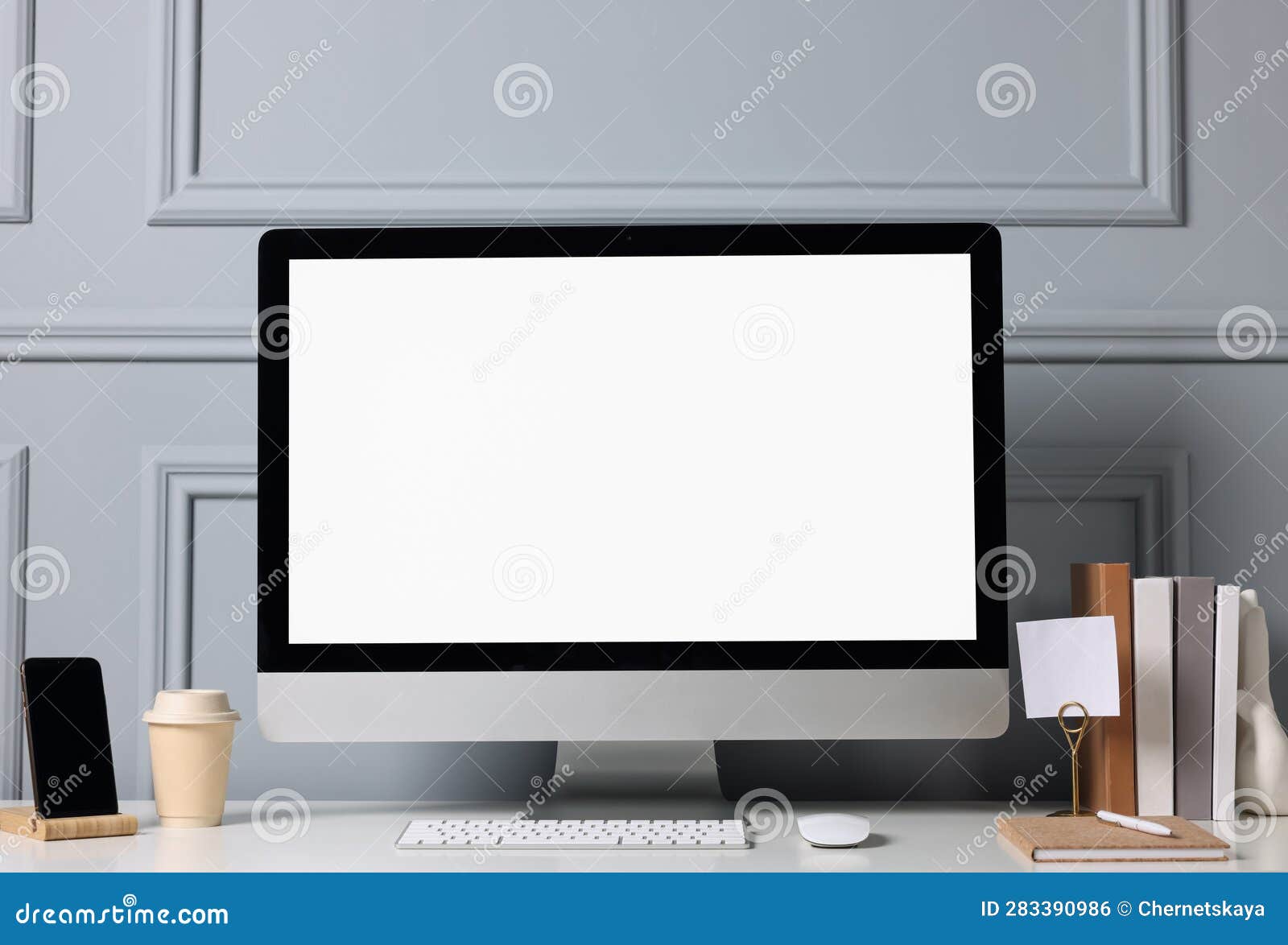 Cozy Workspace with Computer and Stationery on White Desk Indoors Stock ...