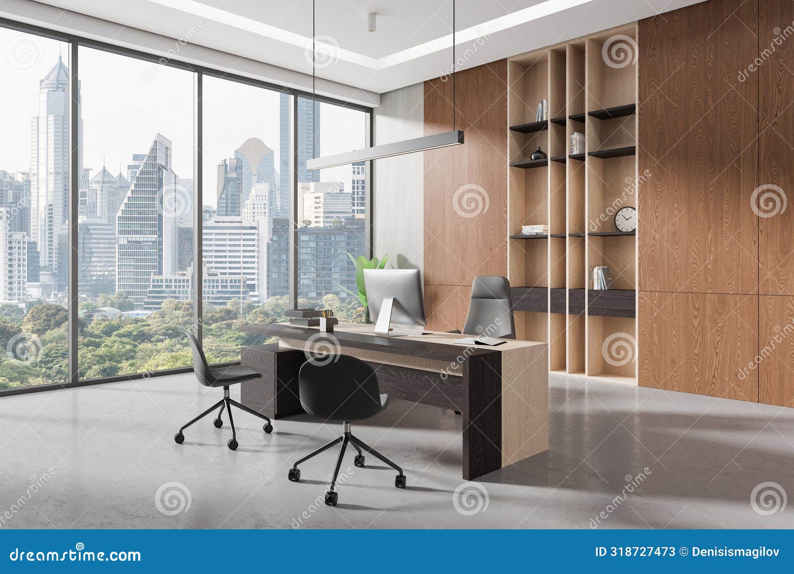 Cozy Workspace Interior with Ceo Desk and Shelf with Panoramic Window ...
