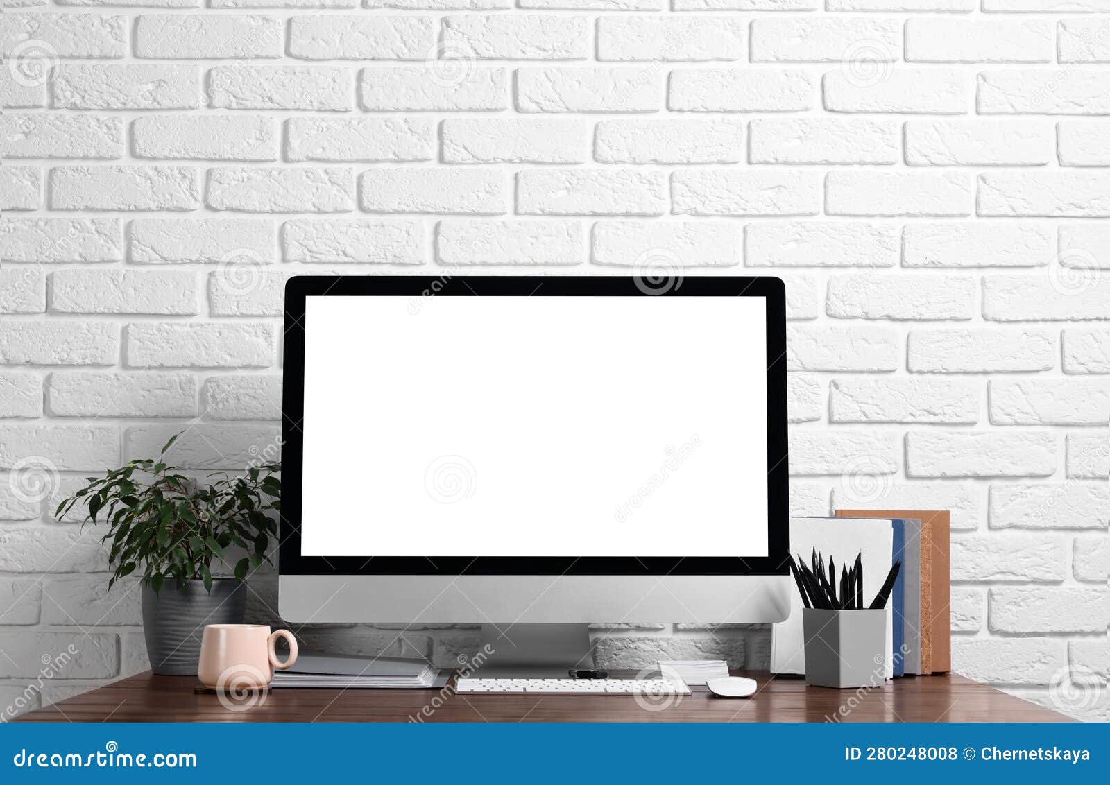 Cozy Workspace with Modern Computer on Wooden Desk Stock Photo - Image ...