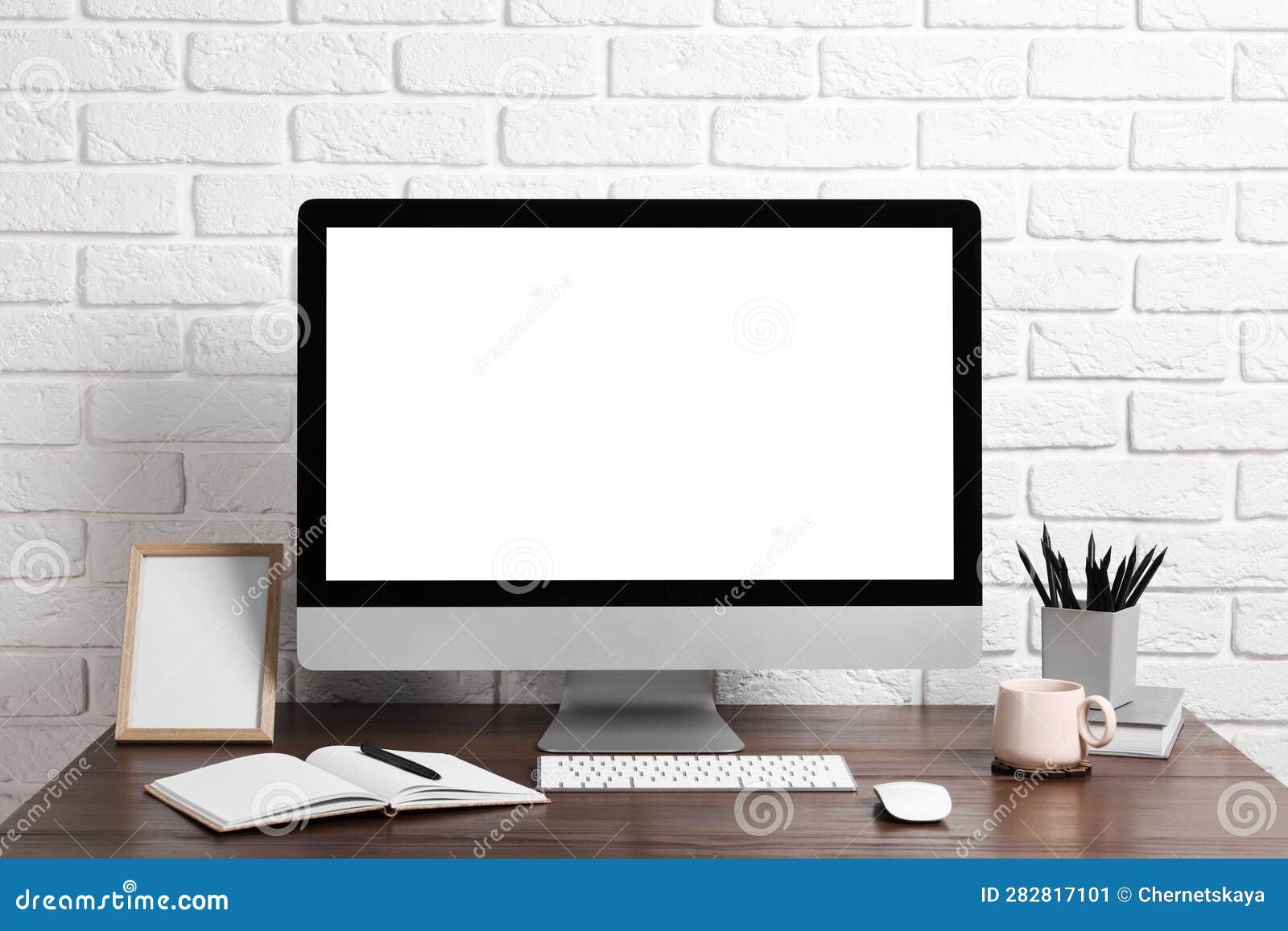 Cozy Workspace with Modern Computer on Wooden Desk Stock Image - Image ...