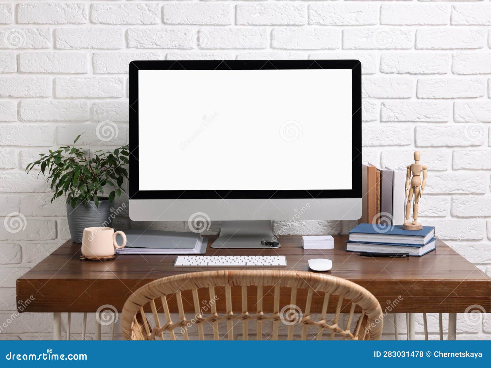 Cozy Workspace with Modern Computer on Wooden Desk Stock Photo - Image ...