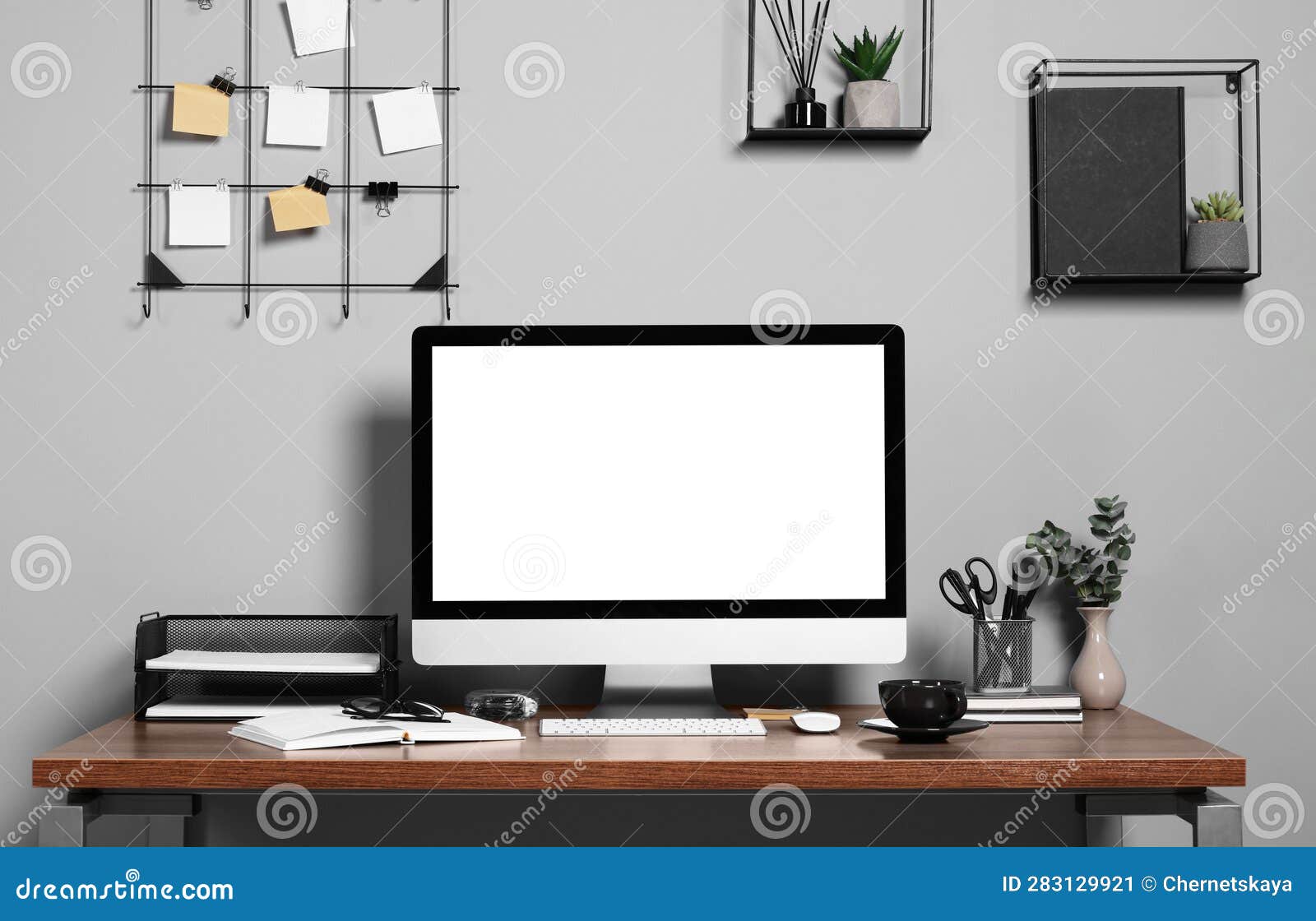 Cozy Workspace with Modern Computer on Wooden Desk Stock Image - Image ...