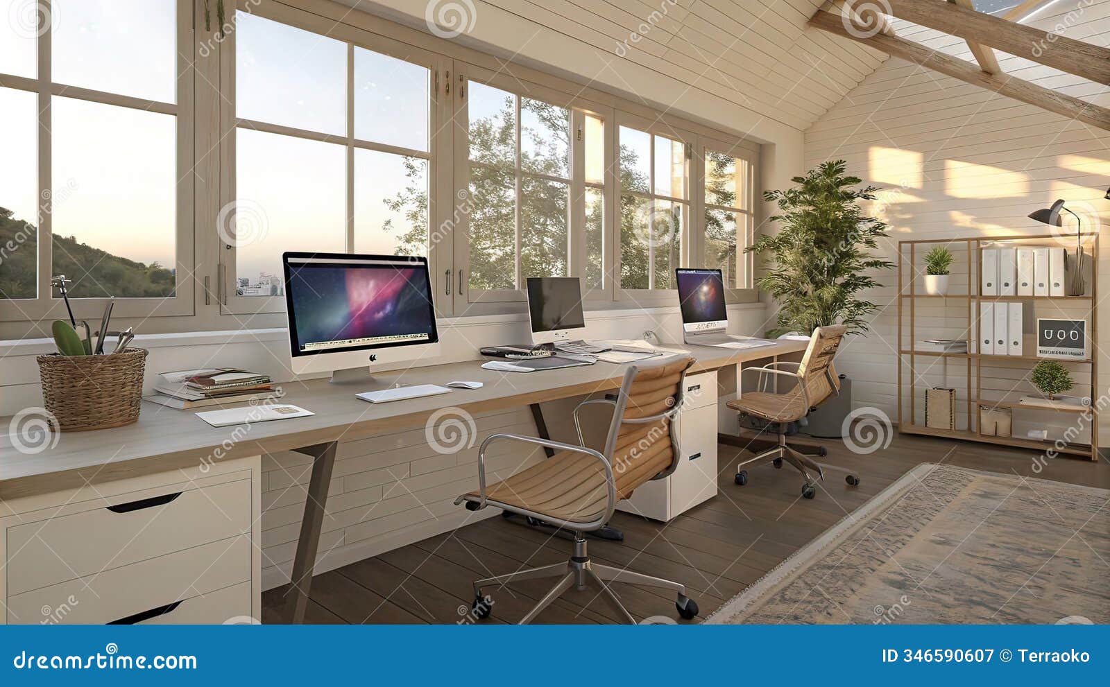 Cozy Workspace with Modern Computers and Office Tools on a Light Table ...