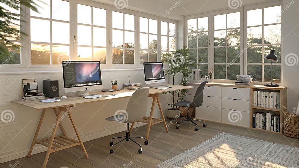 Cozy Workspace with Modern Computers and Office Tools on a Light Table ...