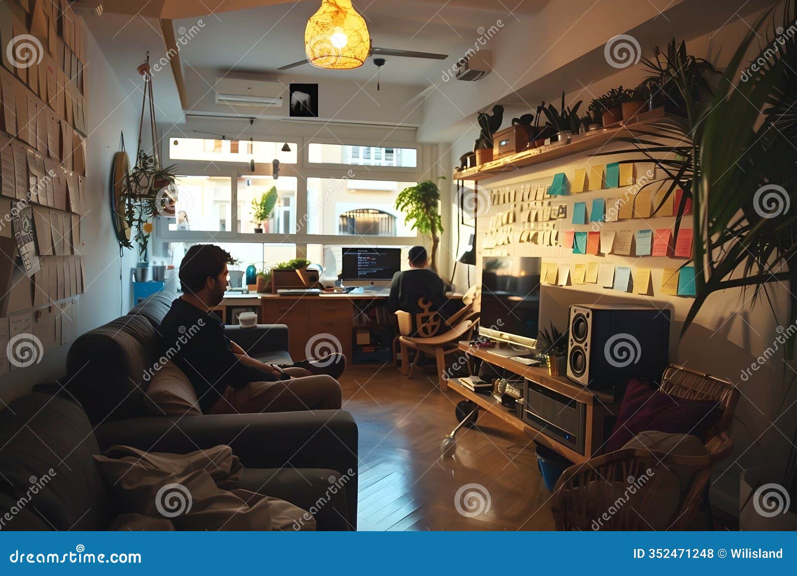 Cozy Workspace with Two People Engaged in Creative Tasks and Plants ...