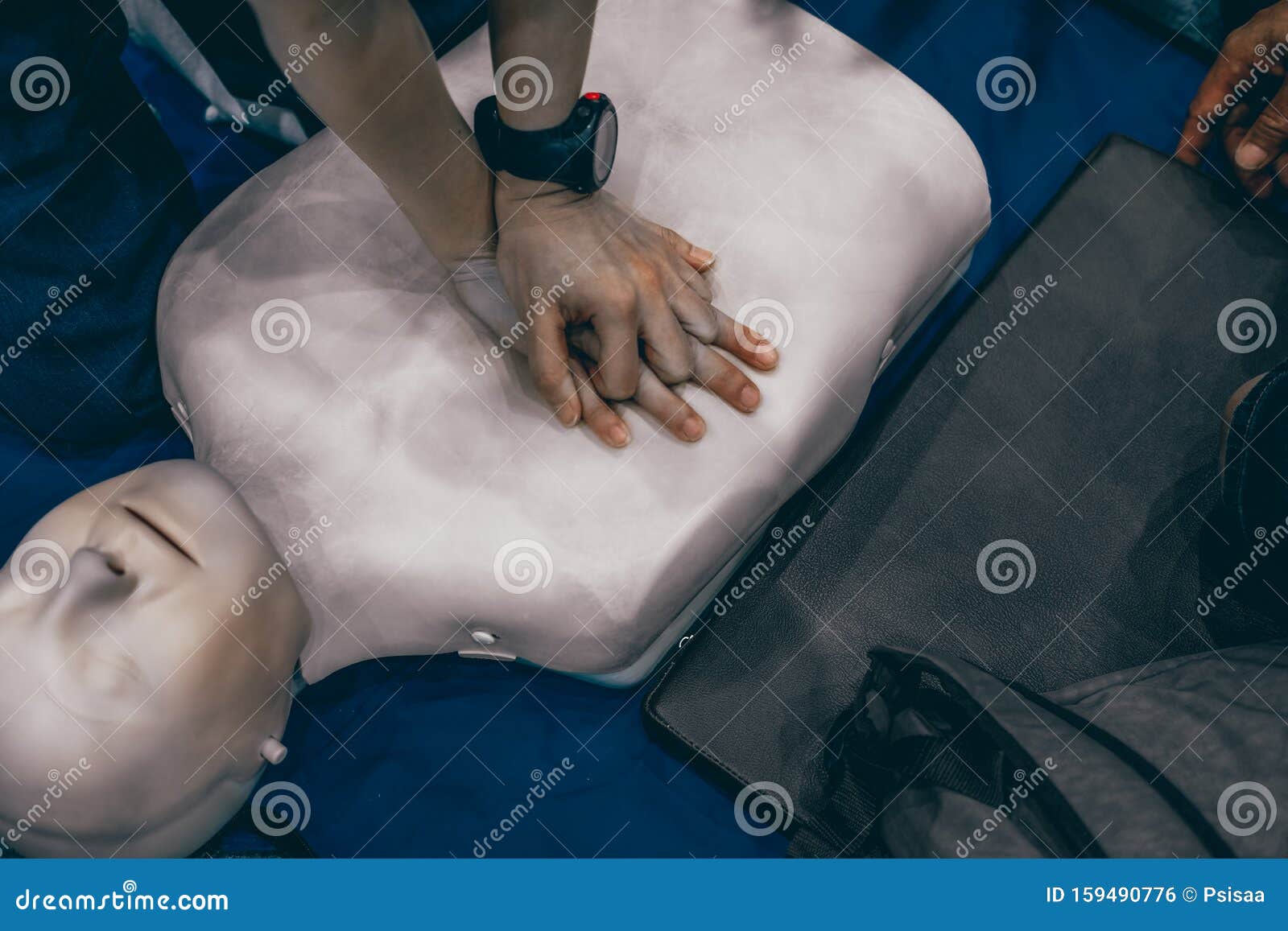 CPR First Aid Resuscitation Training. Chest Compression on Dummy Stock ...