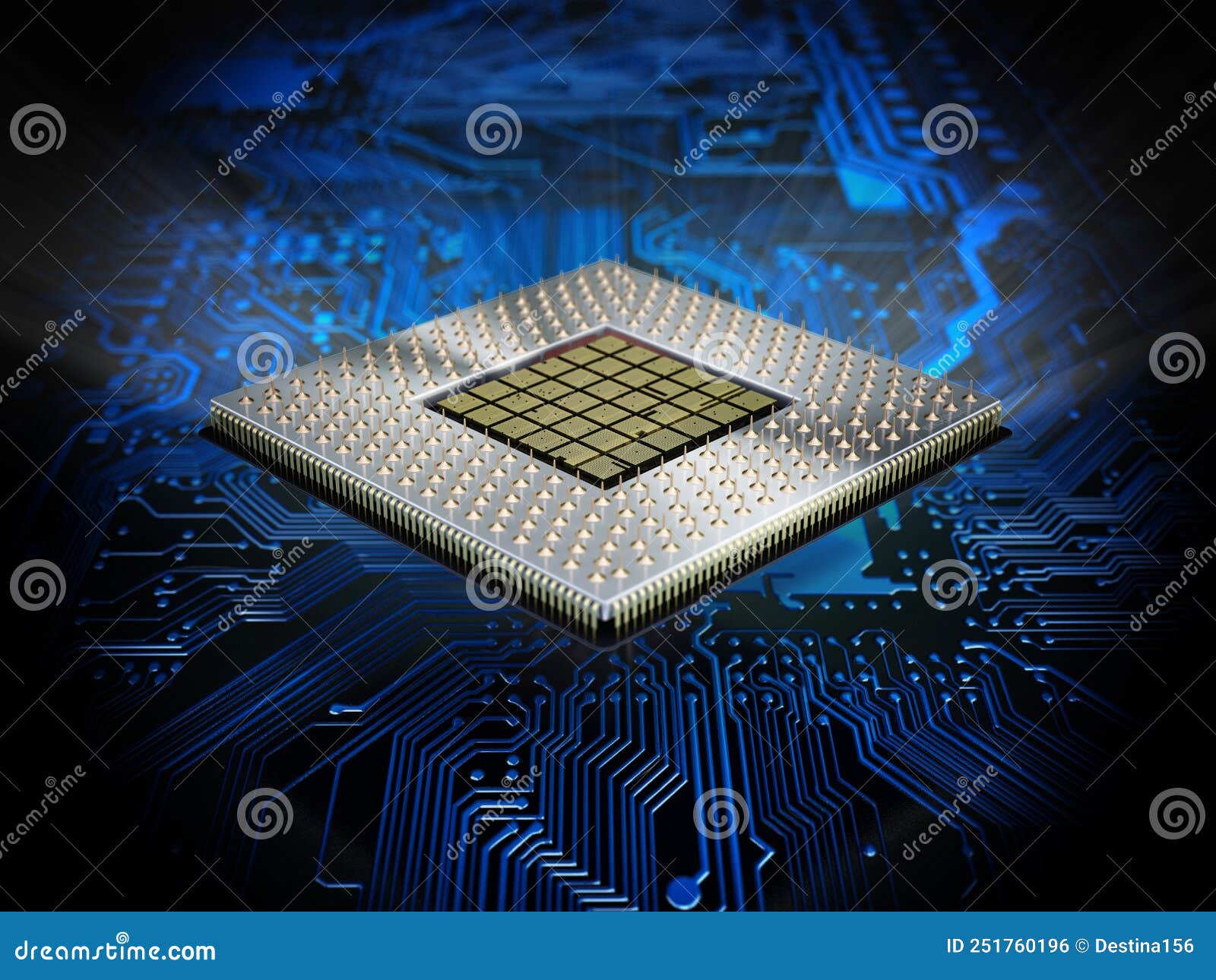 CPU with Blue Light on the Mainboard. 3D Illustration Stock ...