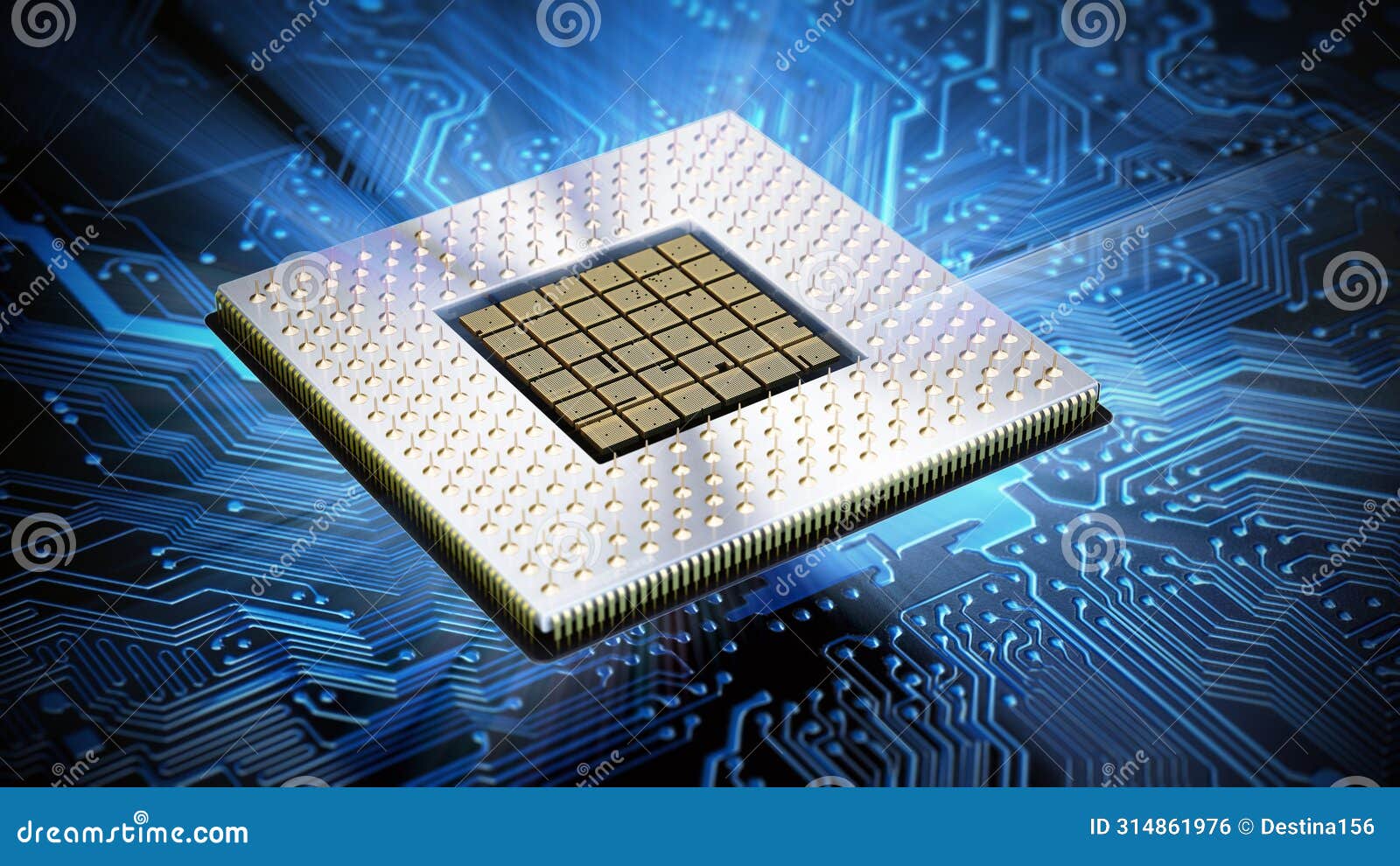 CPU with Blue Light on the Mainboard. 3D Illustration Stock ...