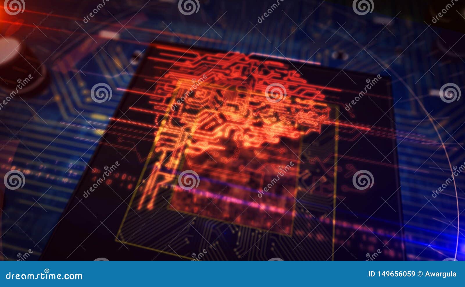 CPU on Board with Cybernetic Brain Hologram Display Stock Illustration ...