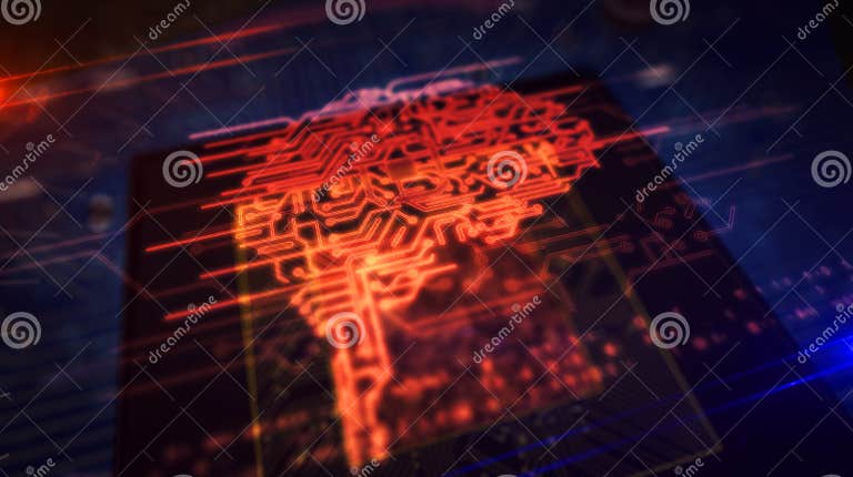 CPU on Board with Cybernetic Brain Hologram Display Stock Illustration ...