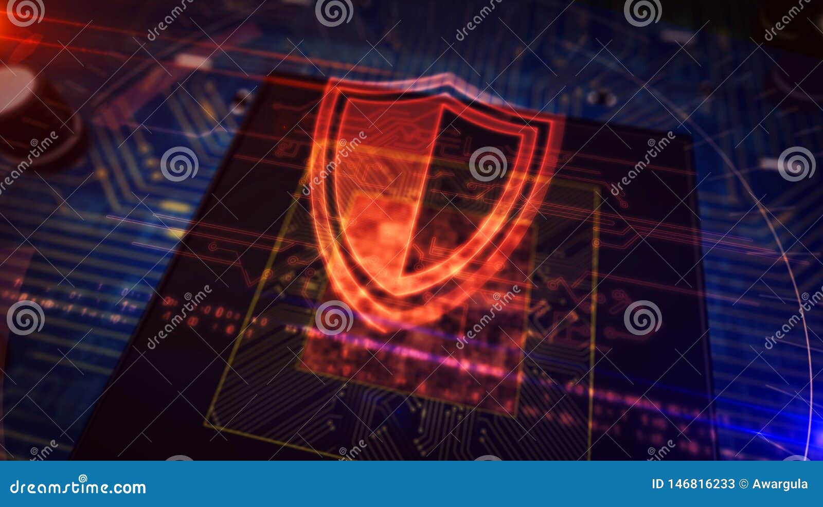 CPU on Board with Shield Hologram Display Stock Illustration ...